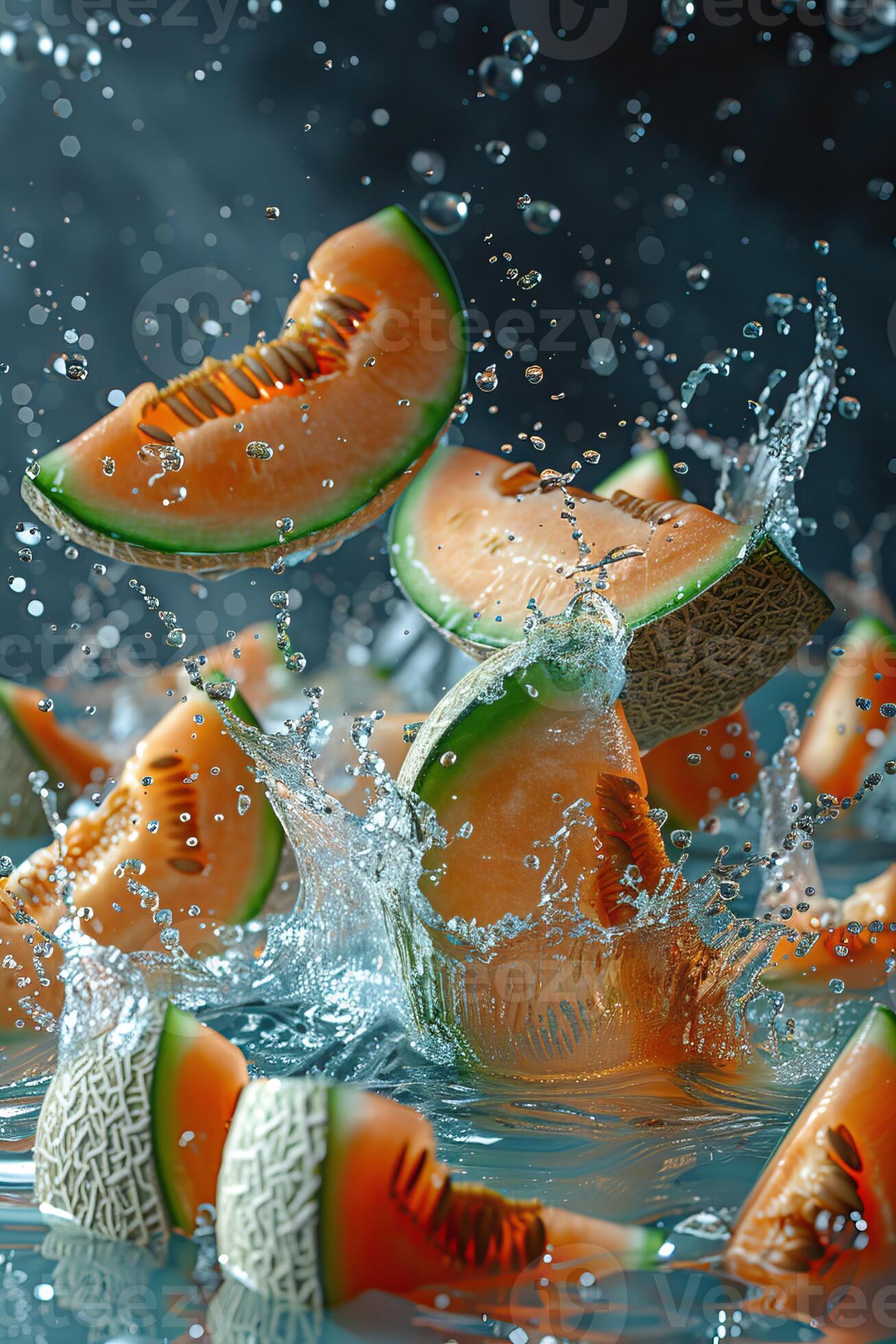 Fresh cantaloupe slices splash into water, creating a dynamic and refreshing scene perfect for ...
