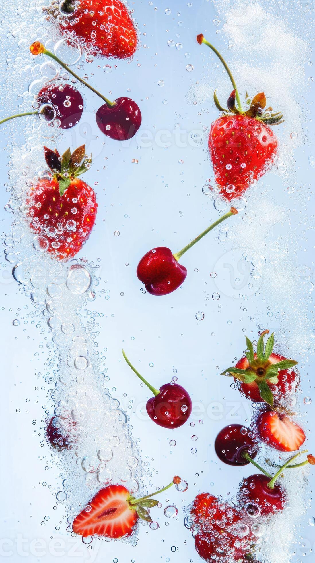 Fresh strawberries and cherries submerged in water, with bubbles rising against a light blue ...