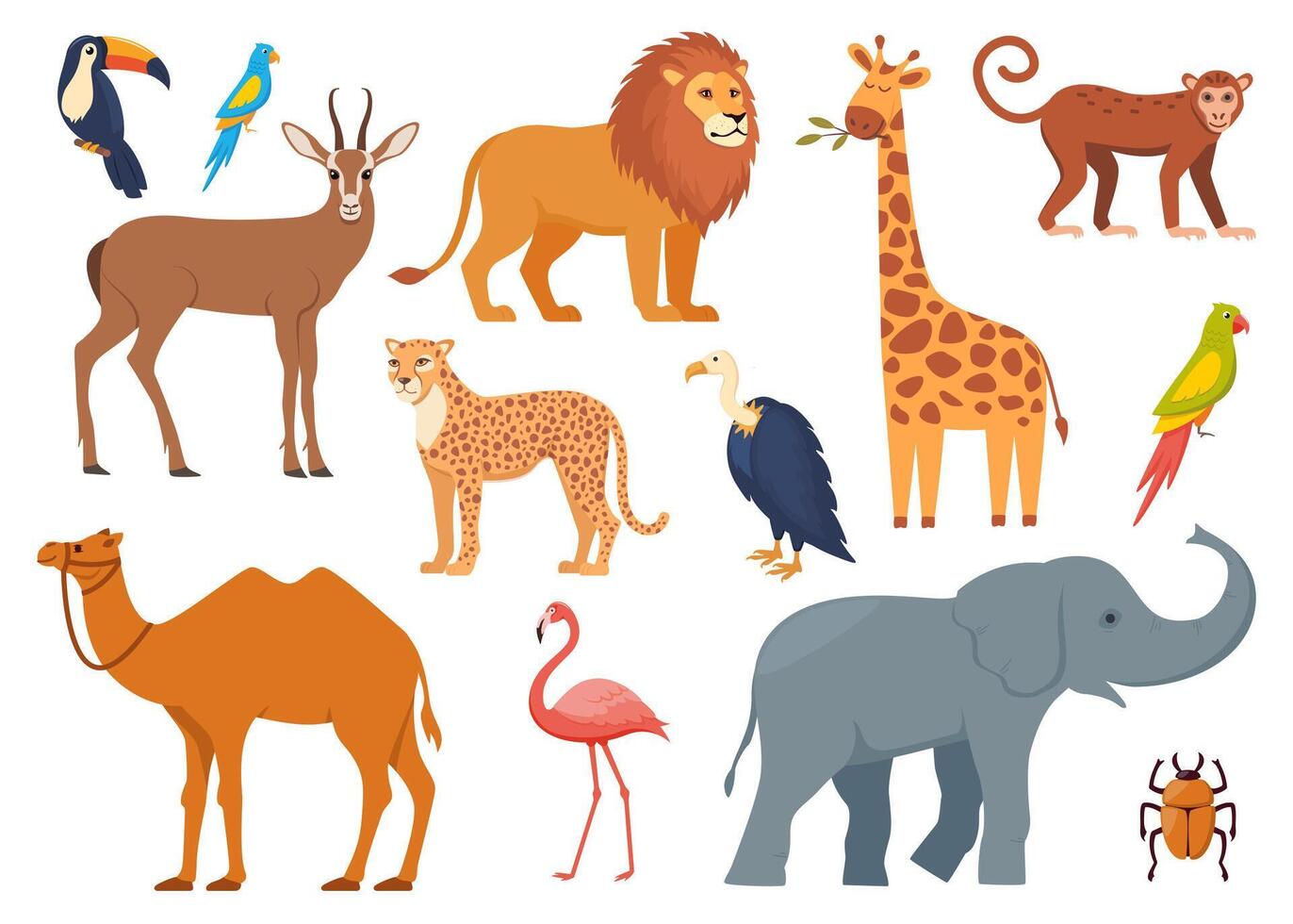 African animals and birds, set of characters. Elephant, giraffe, camel ...