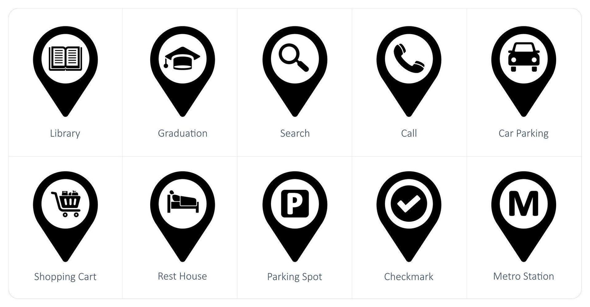 A set of 10 Location Pointer icons as library, graduation, search ...