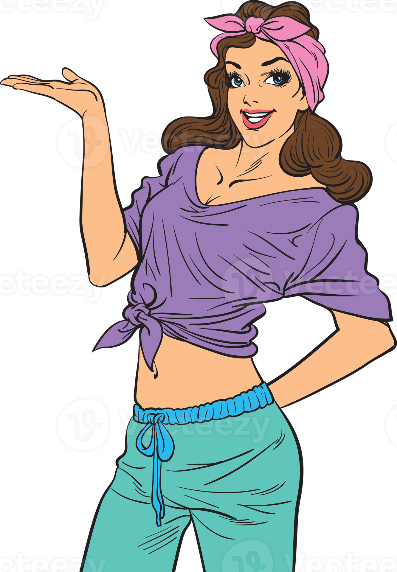 Smiling Beauty Woman Gesture Presenting Something Pop Art Comics Style