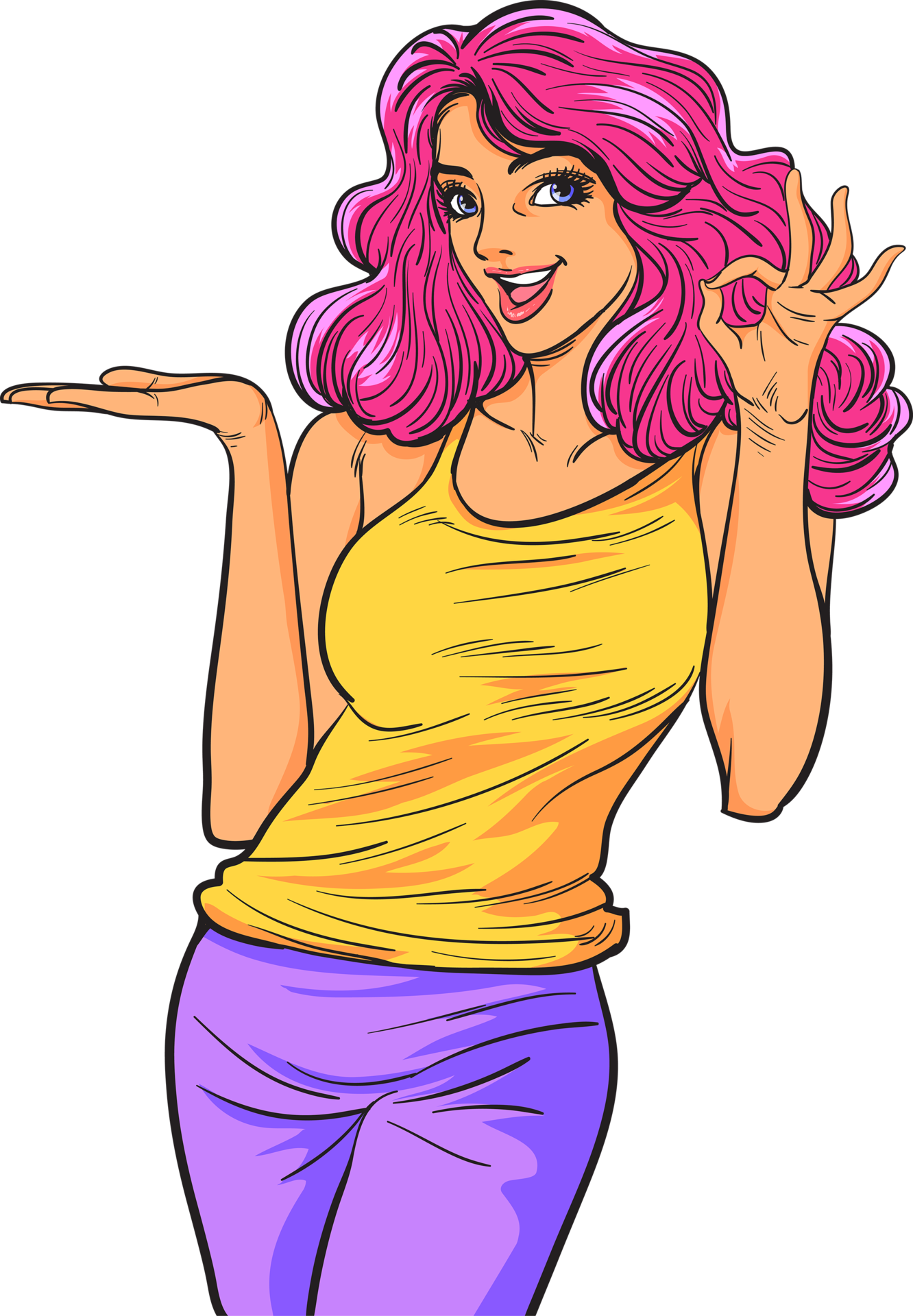 Smiling Beauty Woman Gesture Presenting Something Pop Art Comics Style