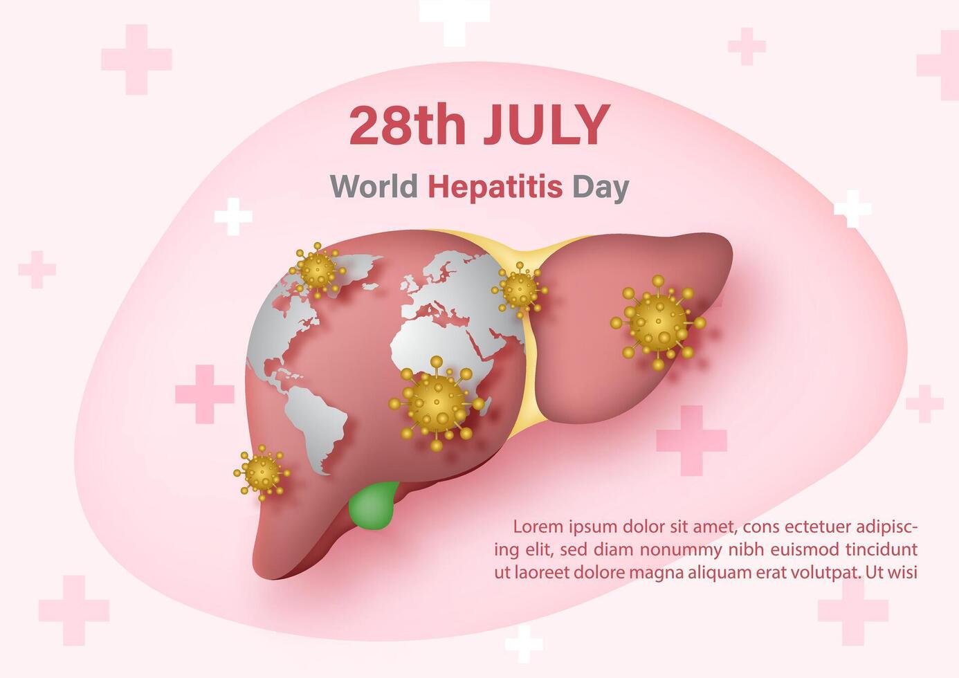 Human liver with word map and symbols of hepatitis's virus and wording of event, example texts ...