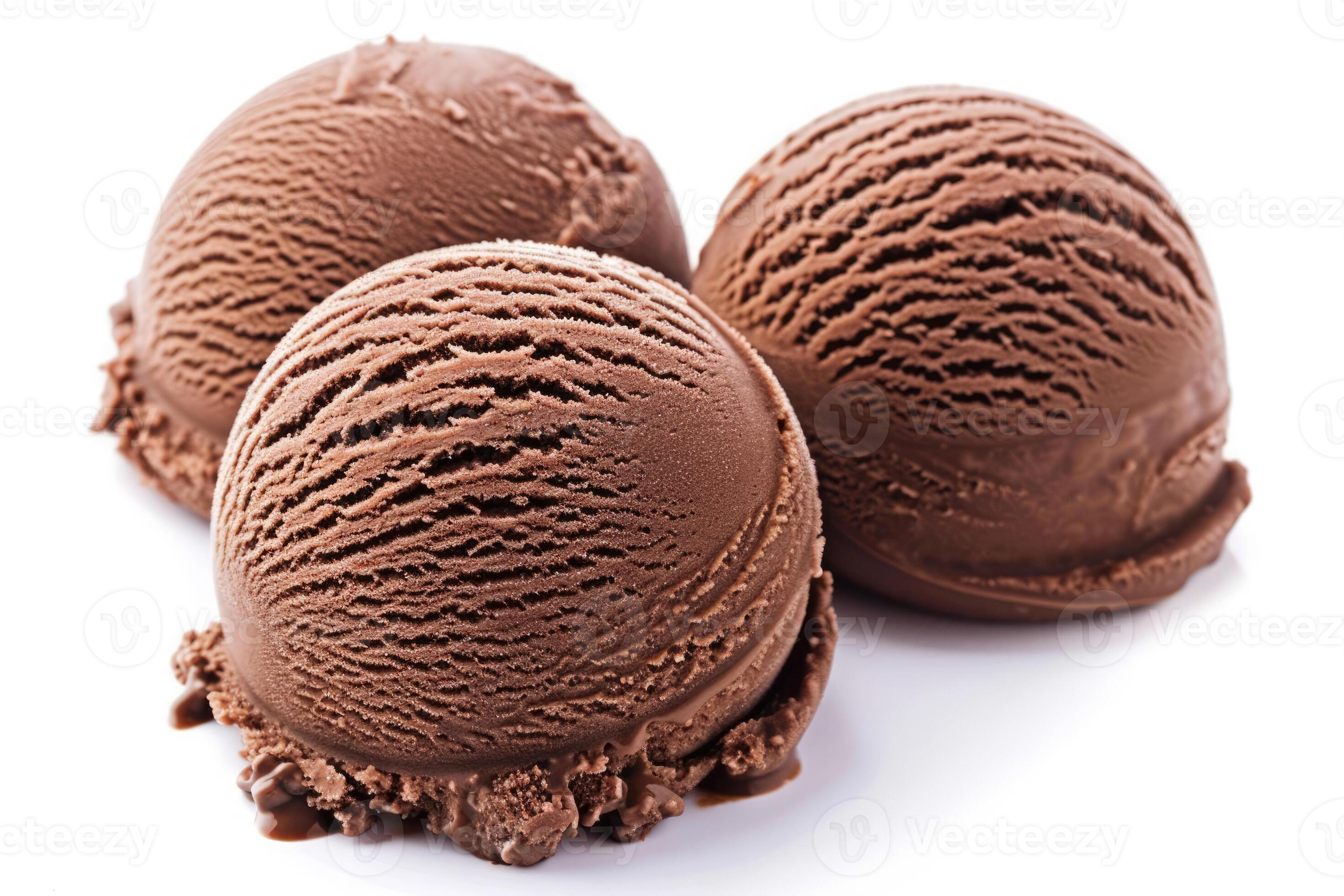 Three chocolate ice cream scoops isolated on white background. Summer delicious dessert, taste ...