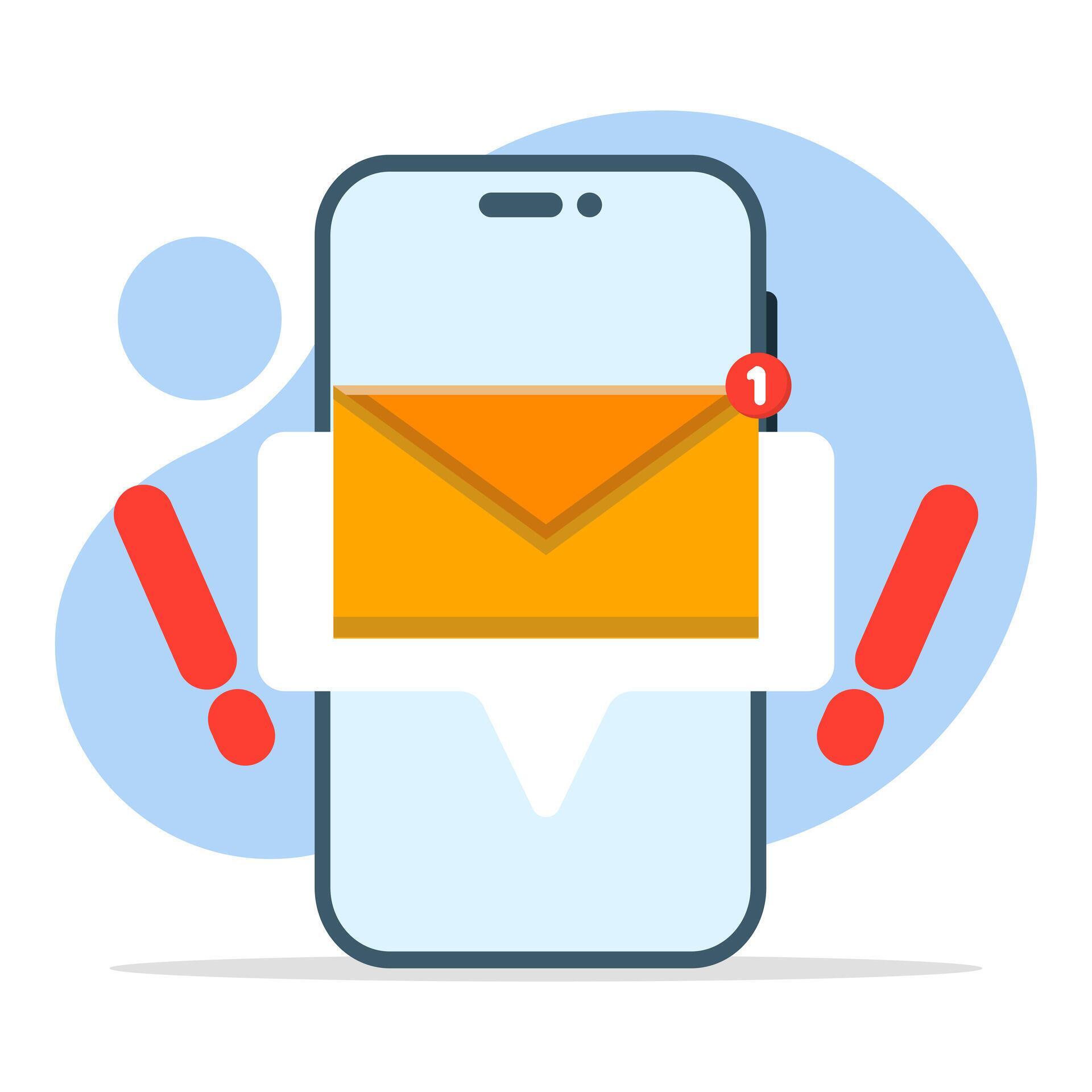 Concept of receiving message notifications on mobile phone. mobile app, email marketing ...