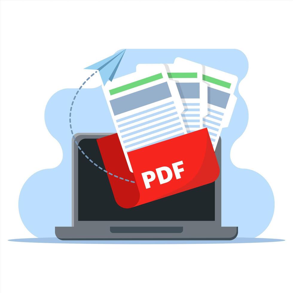 concept of sharing or sending in PDF document file format. Transfer files from computer folder ...