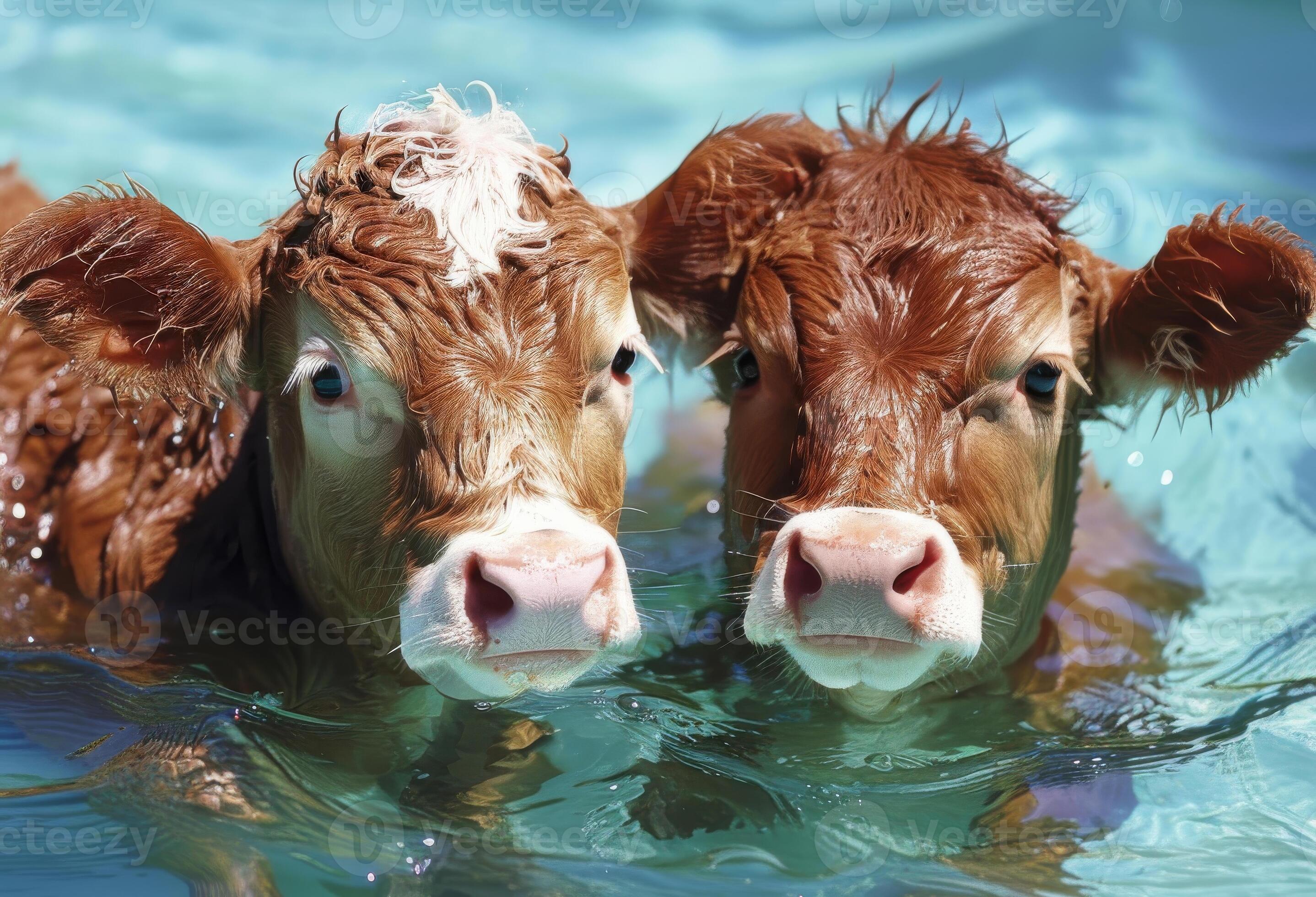 Playful cows cool off on a hot summer day by taking a dip in a blue swimming pool 47550083 Stock ...