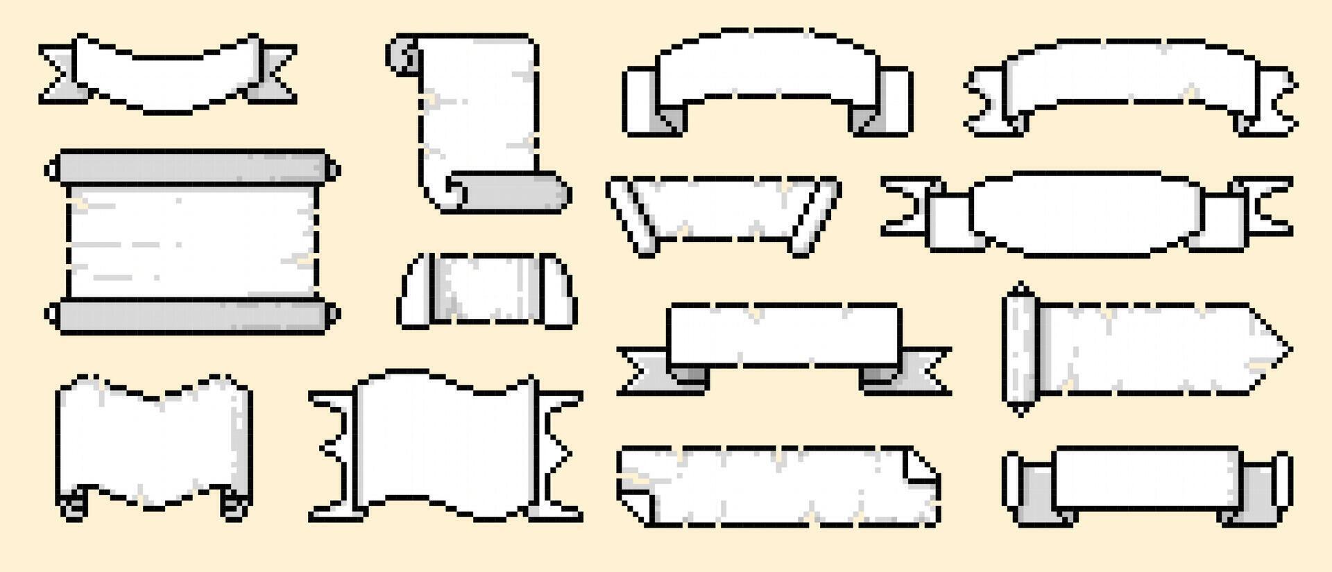 Pixel scroll frame. Retro game asset scroll frames, blank ancient parchment paper for map and ...