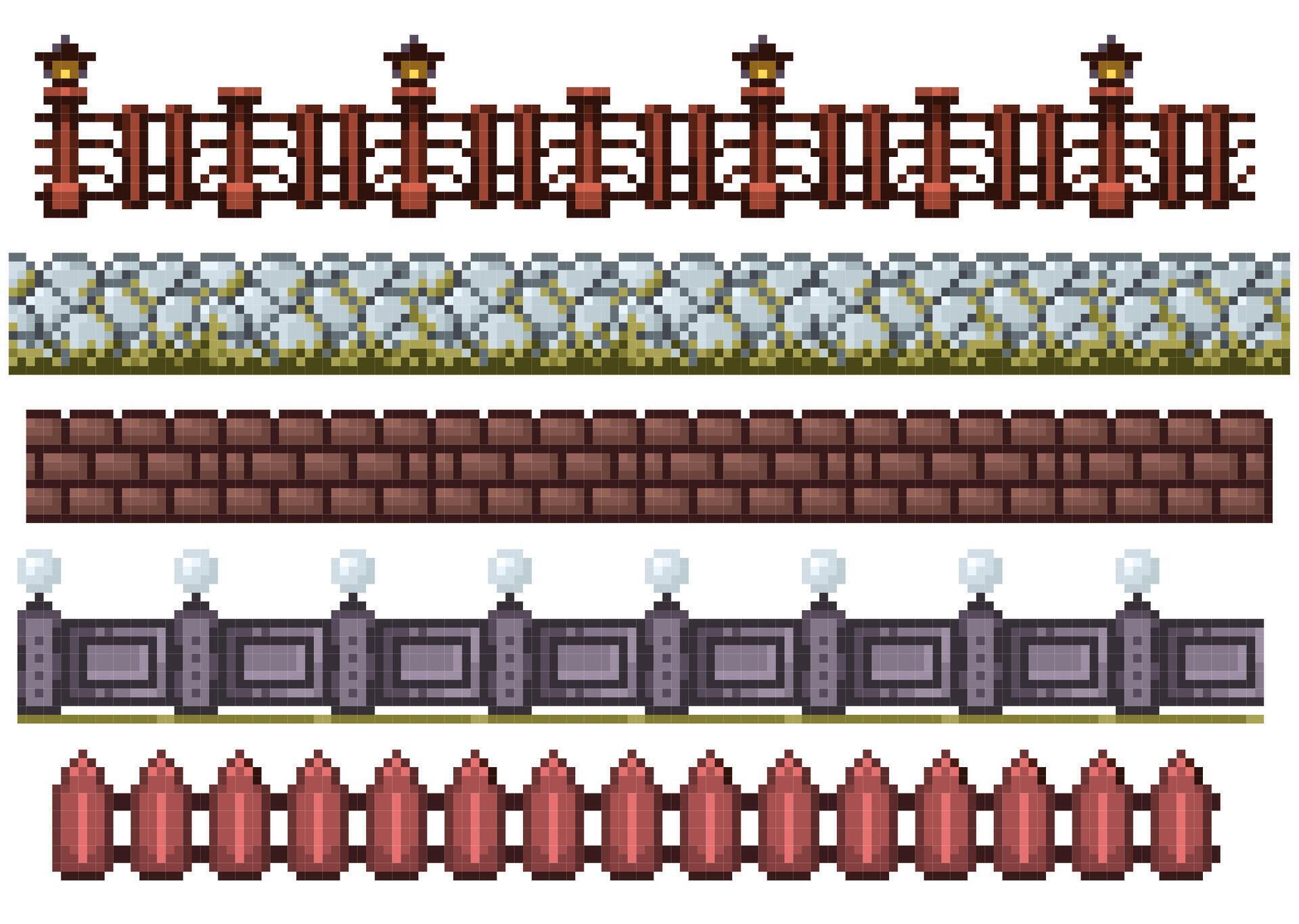 Pixel fences pattern. Seamless fence pattern 8 bit retro old school game border and boundary ...