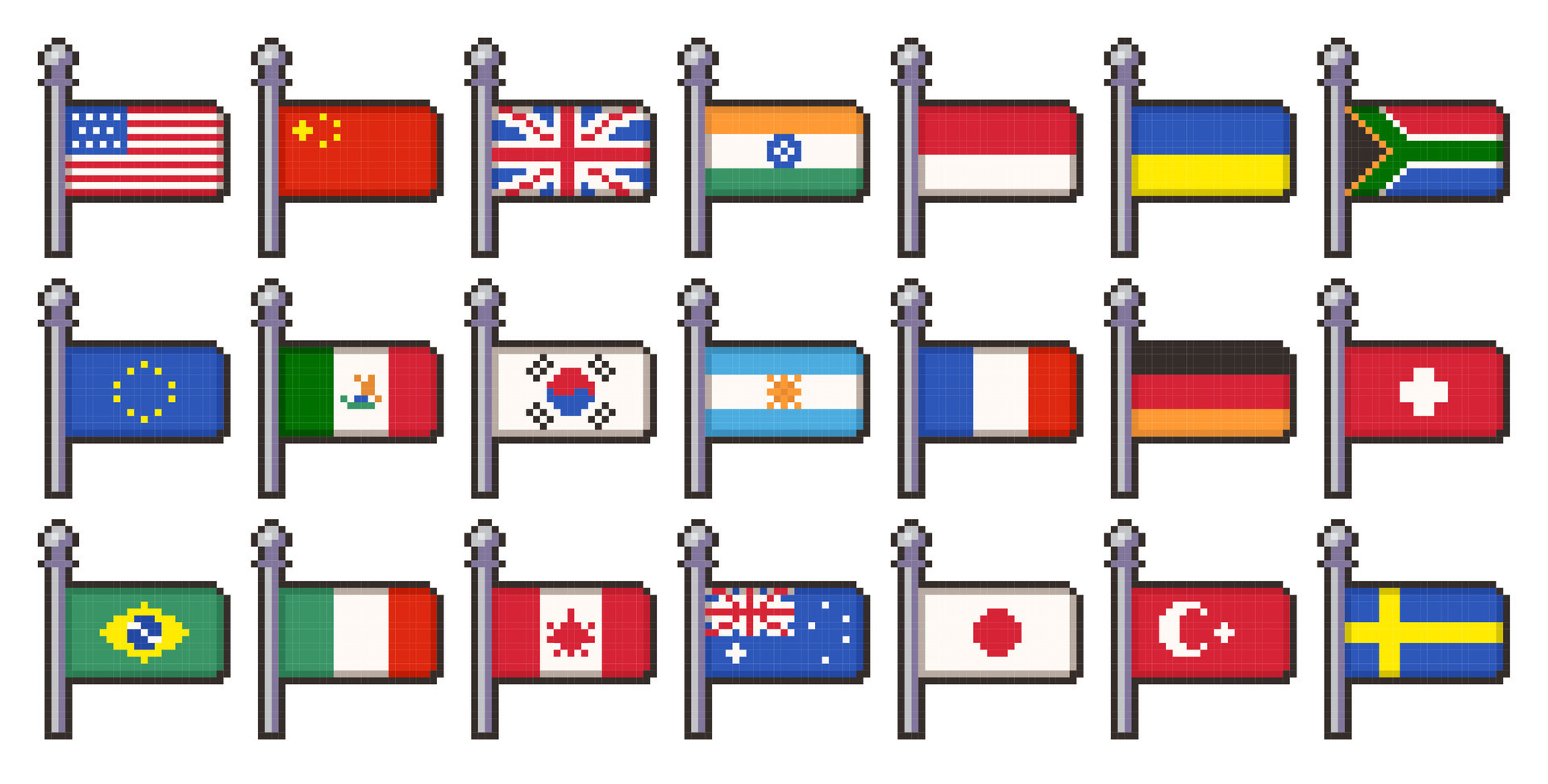 Pixel country flags. Retro flag national symbols of Italy, France, Germany, Japan, USA and ...