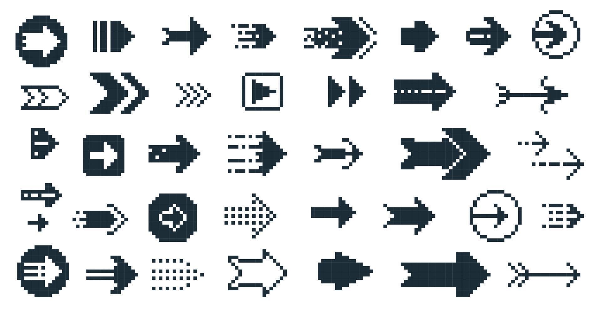 Black 8 bit arrows. Retro square navigation pointer icons, 90s retro pixel cursor direction ...