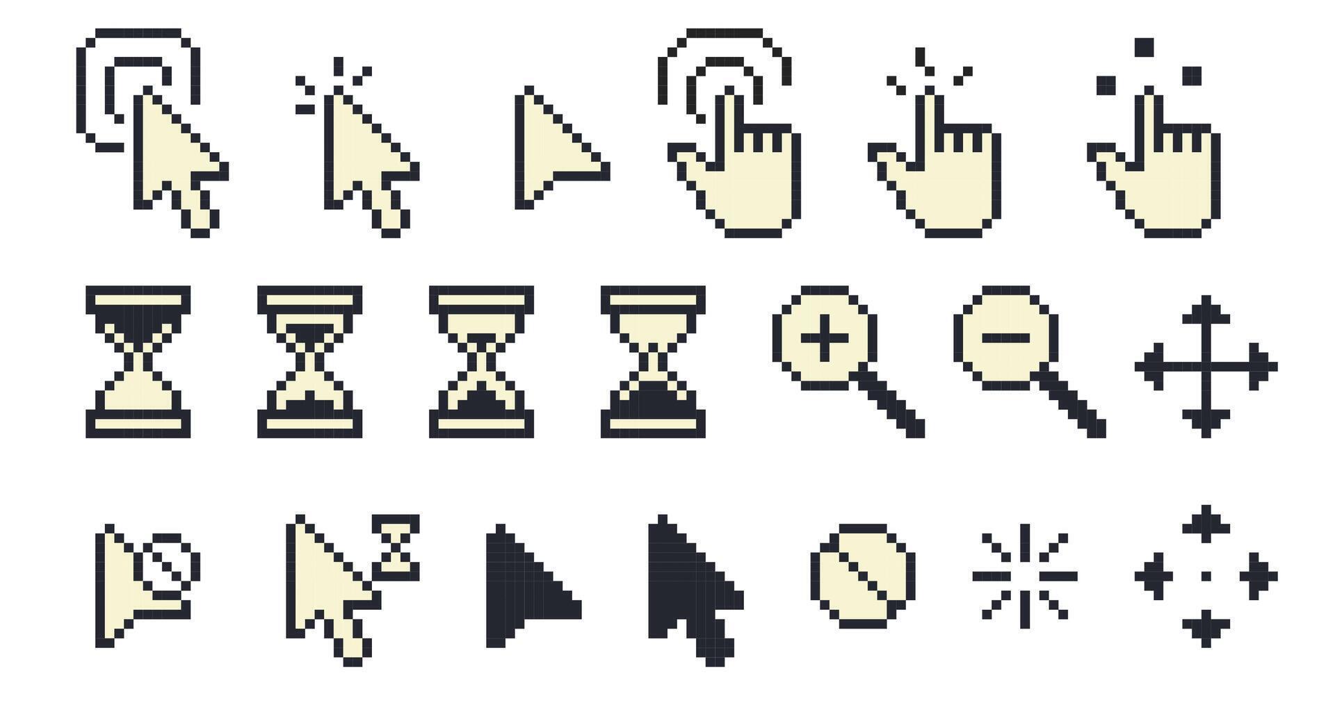 Pixel Cursors Retro Vintage Pointer Cursor Arrow Hand Finger Icons 8 Bit Computer Game Mouse