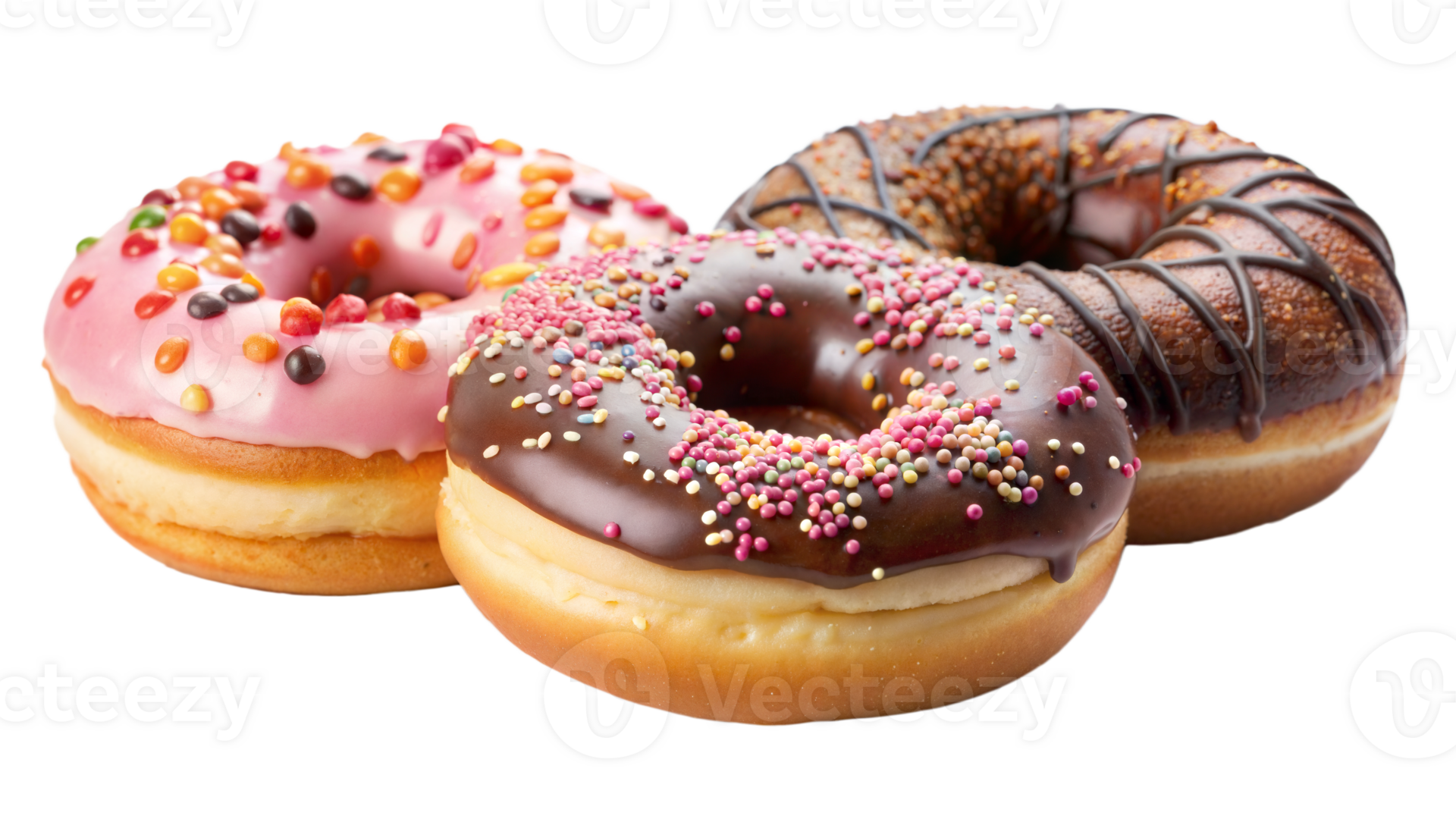 Three donuts with different toppings, one is pink, one is brown 47554394 PNG
