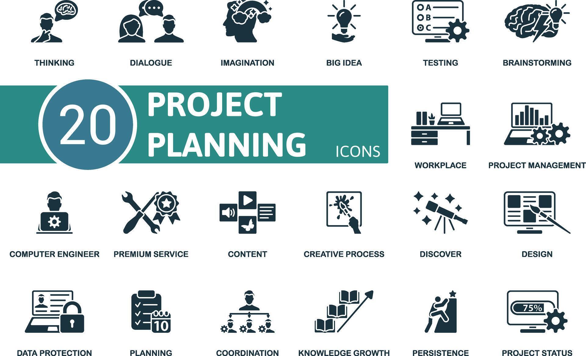 Project Planning icon set. Thinking, Dialogue, Imagination, Big Idea ...