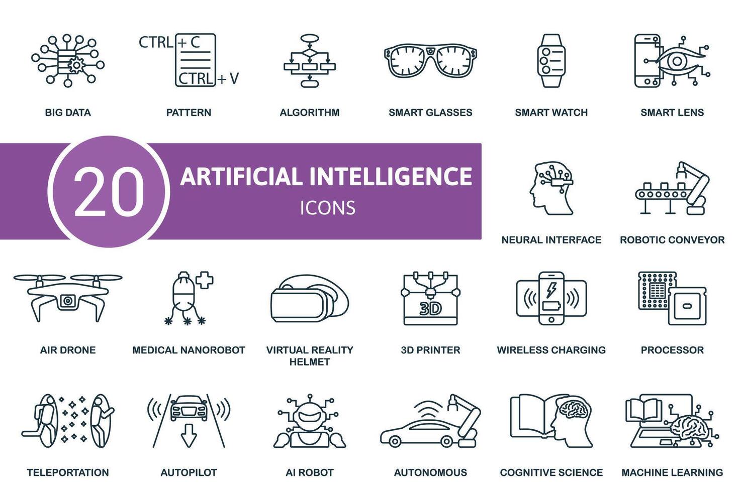 Artificial Intelligence icon outline set. Monochrome simple Artificial Intelligence icon ...
