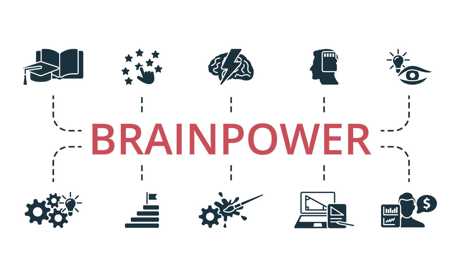 Brainpower icon set. Monochrome simple Brainpower icon collection ...
