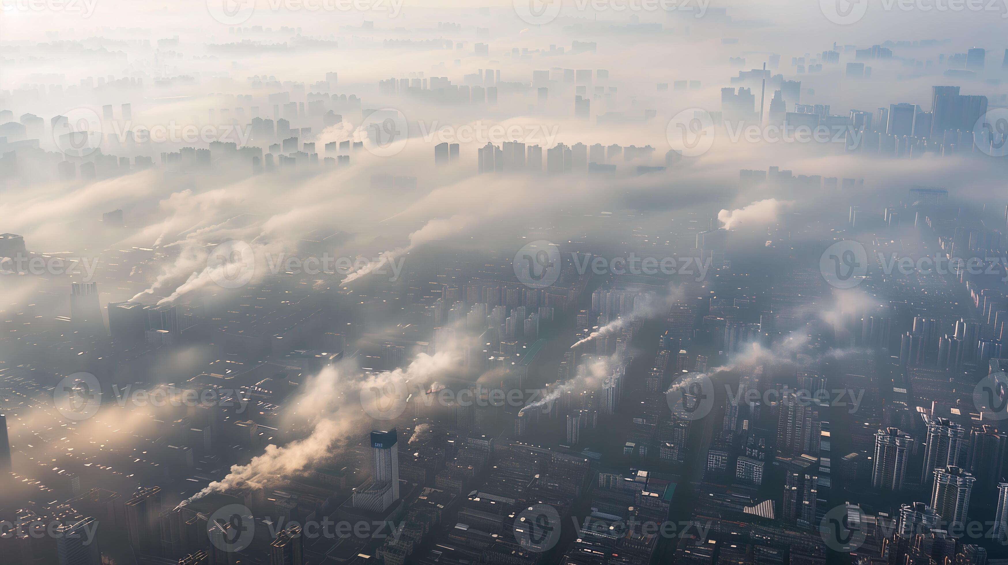 Aerial view of urban sprawl with a visible layer of smog blanketing the ...