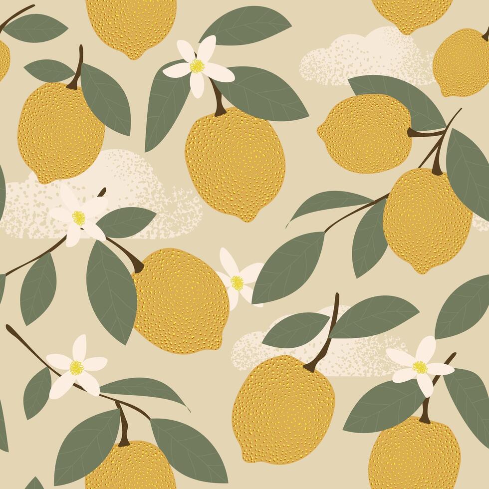Fruits and flowers of lemons with leaves on a branch form a seamless pattern on a light beige ...