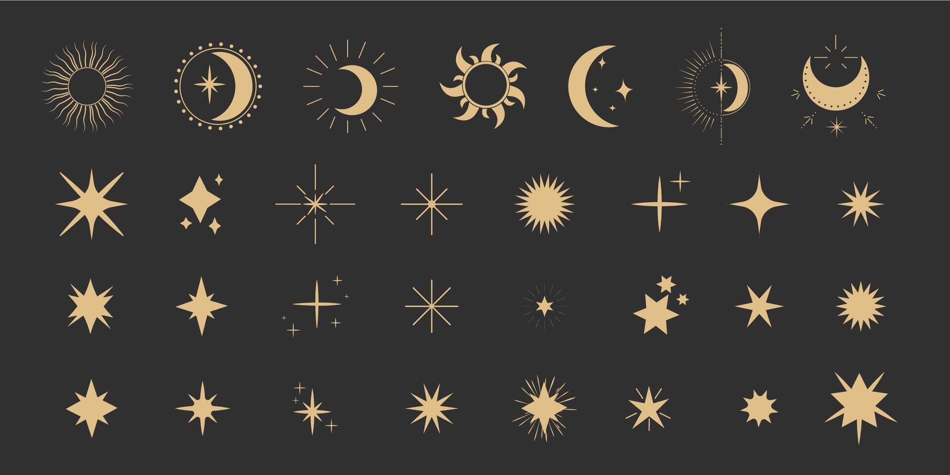Set gold moon, sun and stars shine sparkle icon glare,light,blink star minimal shape, burst and ...