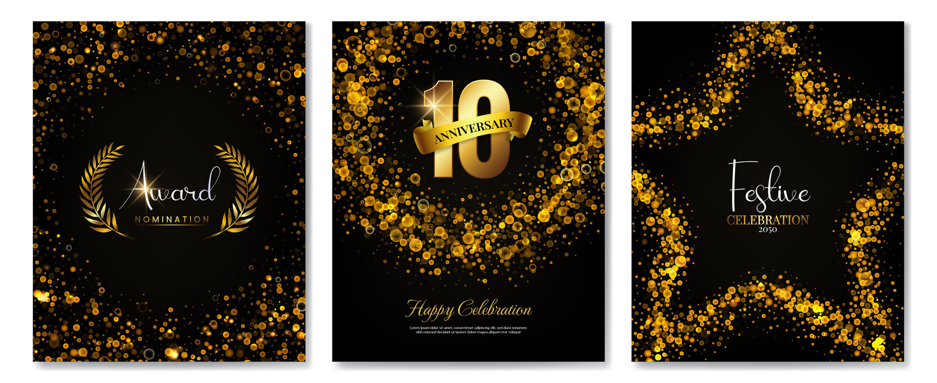 Elegant Golden bokeh Celebration Template Set. Black paper luxury ... Elegant Golden bokeh Celebration Template Set. Black paper luxury ...
