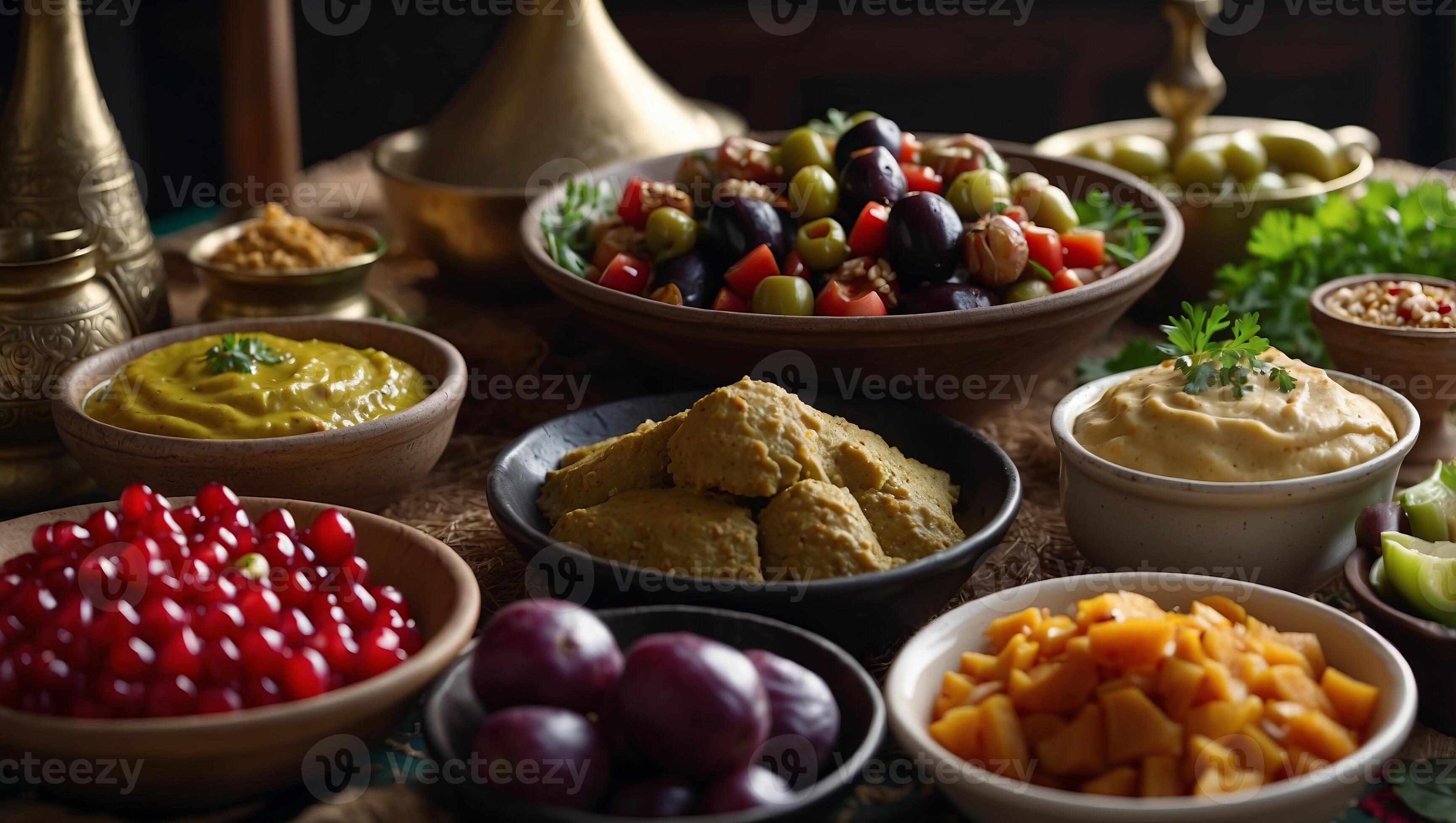 Arabic traditional cuisine Middle Eastern meze with pita, olives ...