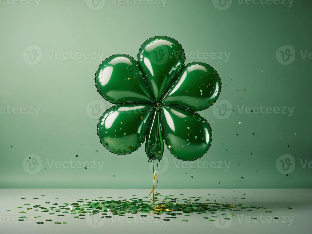 Happy St Patricks Day banner design Green shamrock shaped balloon with confetti on light green ...