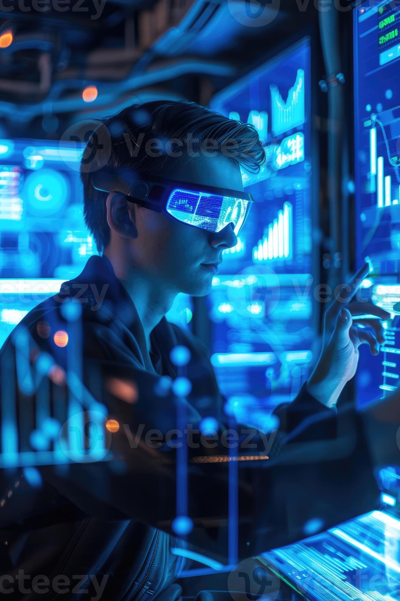 Young man wearing augmented reality glasses. Futuristic virtual charts and graphs on floating ...