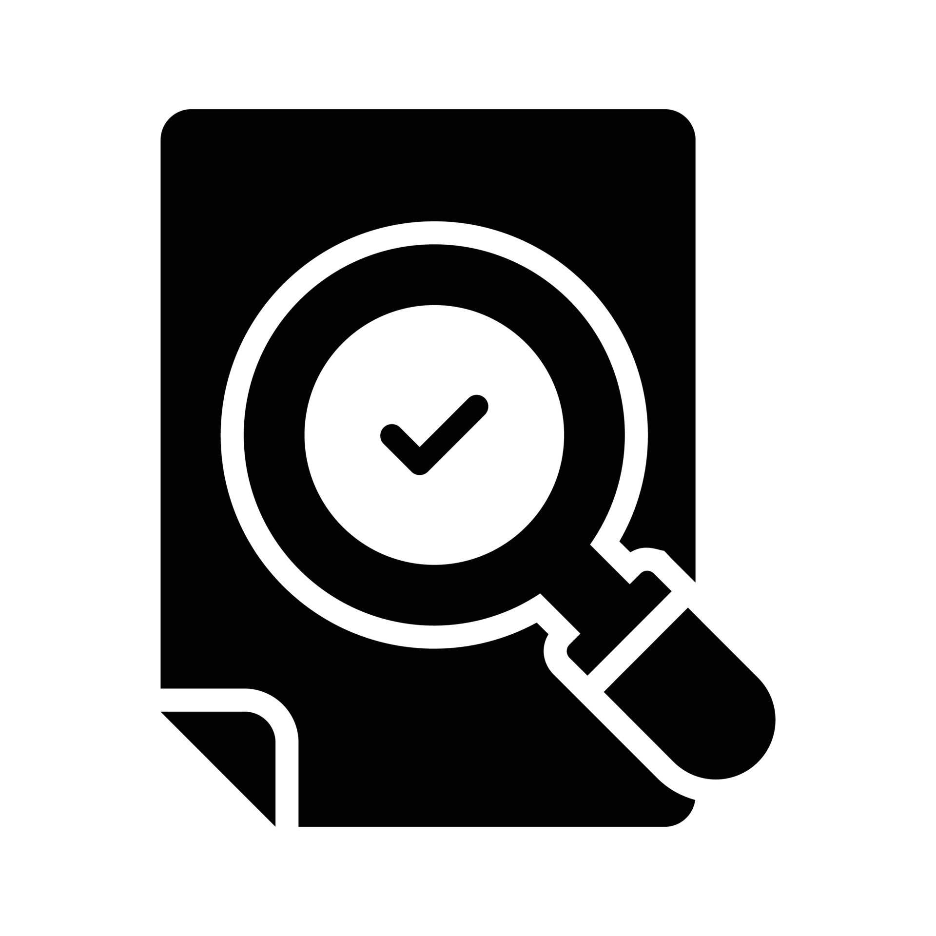 An icon representing document verification with a magnifying glass and a check mark 47632044 ...