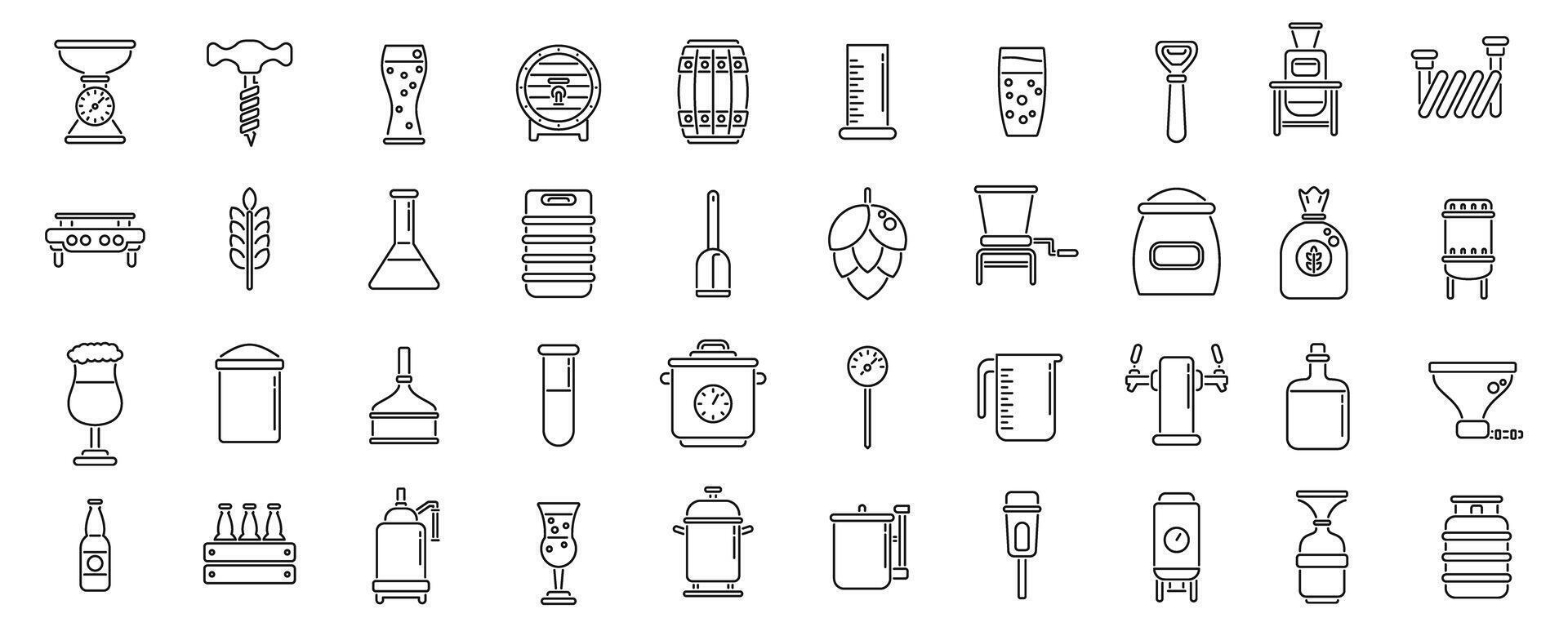 Home brewing icons set. Brewery equipment and beer making process icons showing craft brewing ...