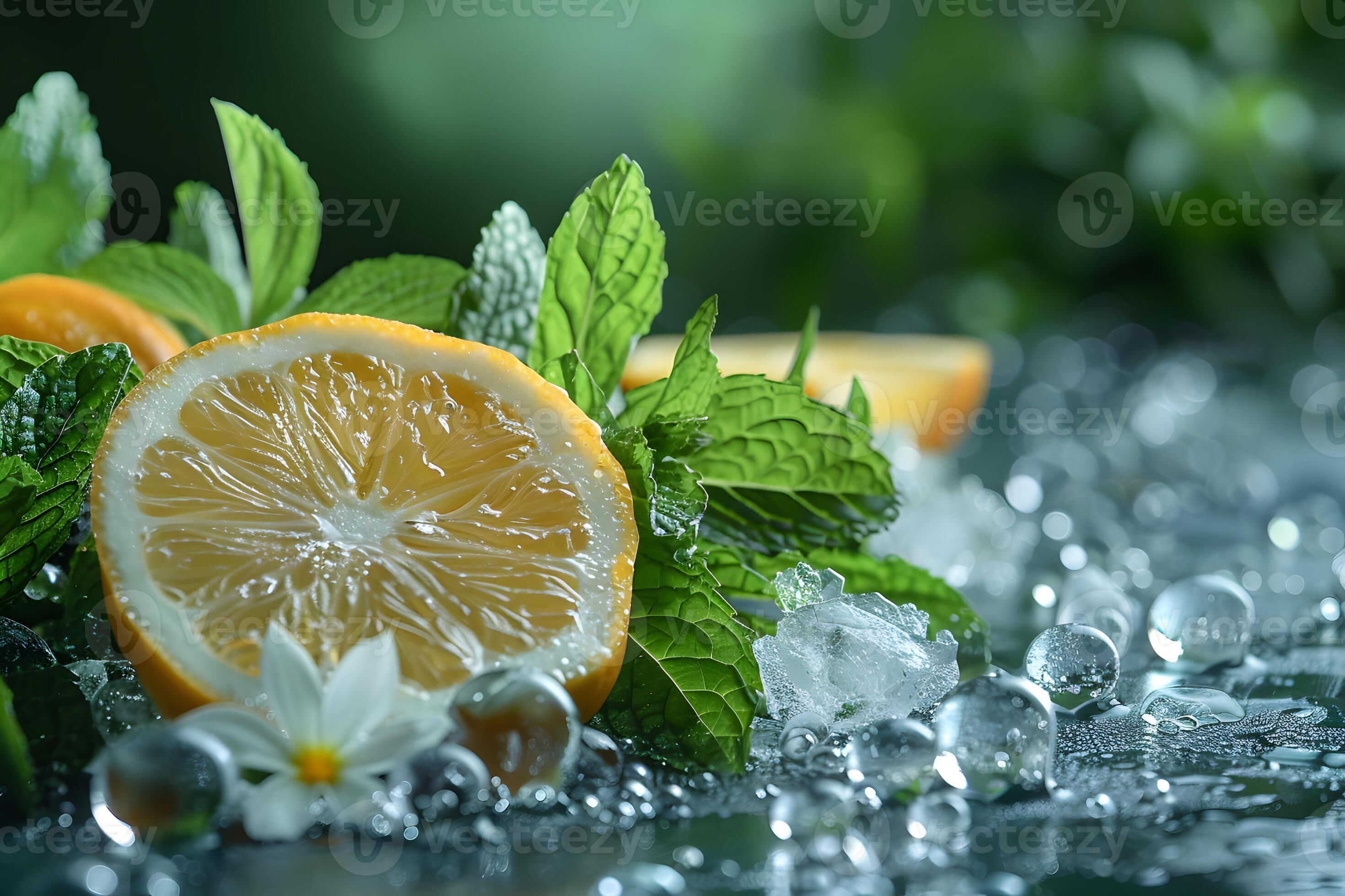 Refreshing Citrus and Mint Arrangement with Ice and Dewdrops for Summer Beverage Inspiration ...