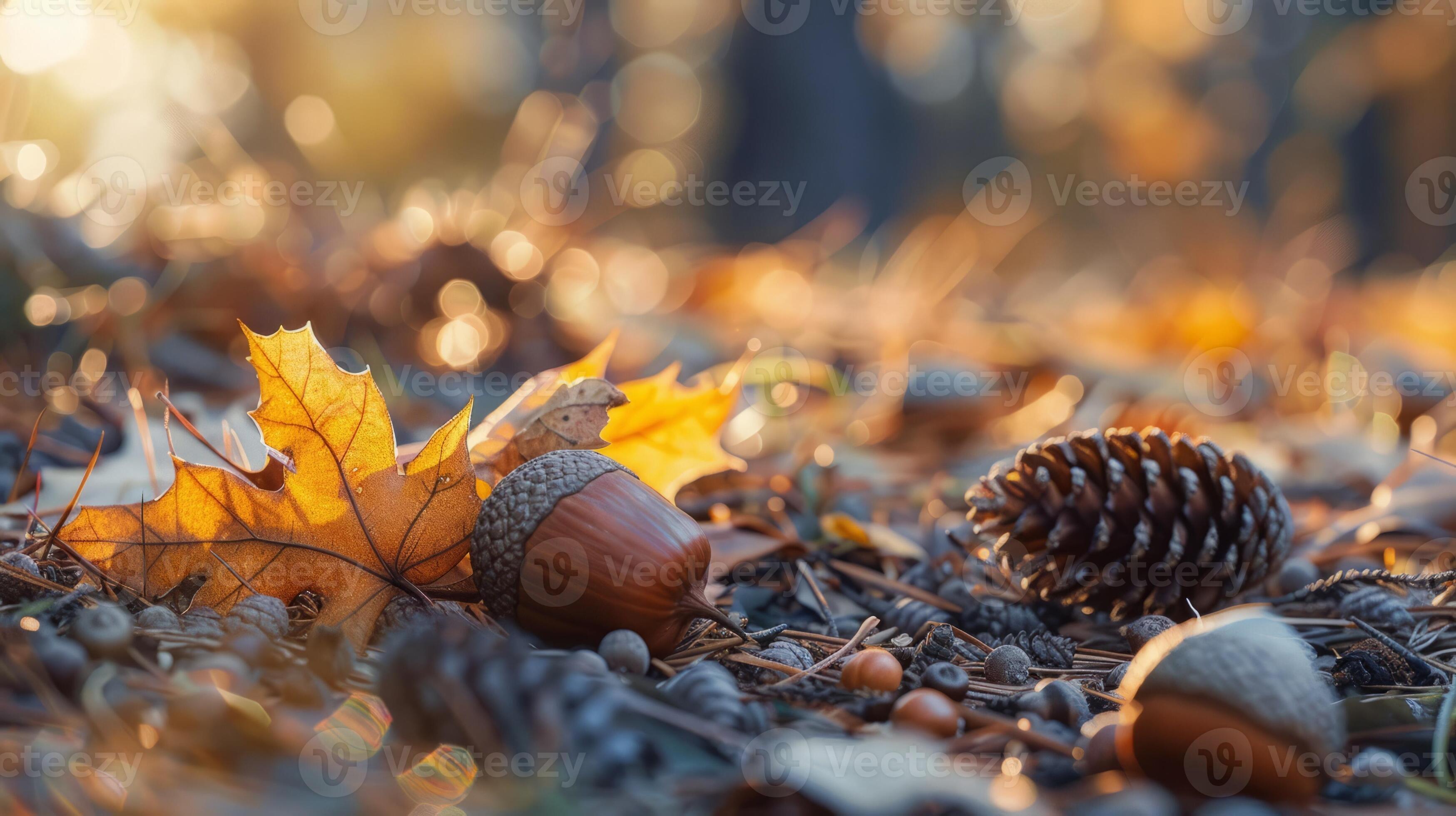 Acorns and pinecones scattered on the ground 47665607 Stock Photo at Vecteezy