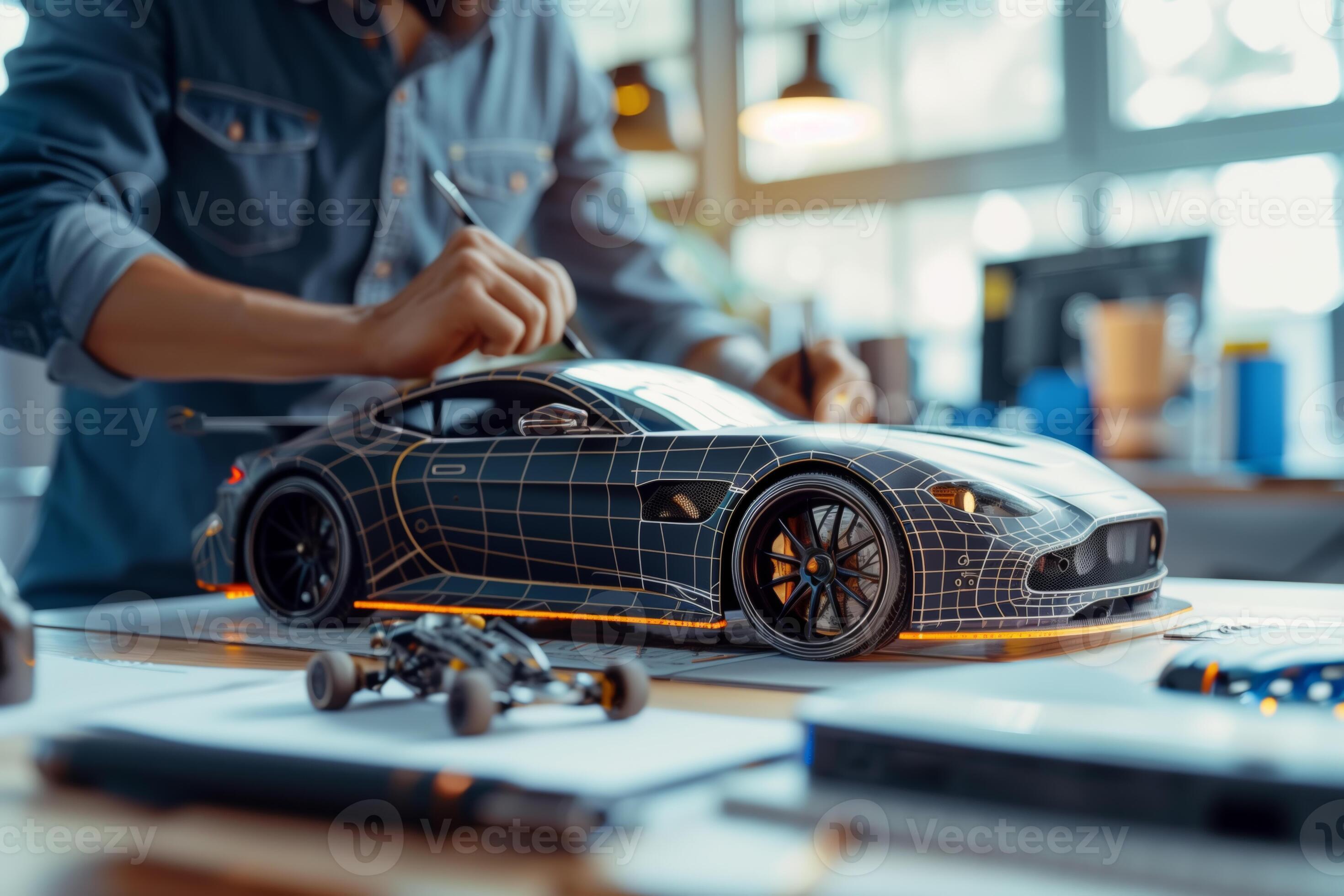 Automotive designer working on concept car in design studio, developing ...