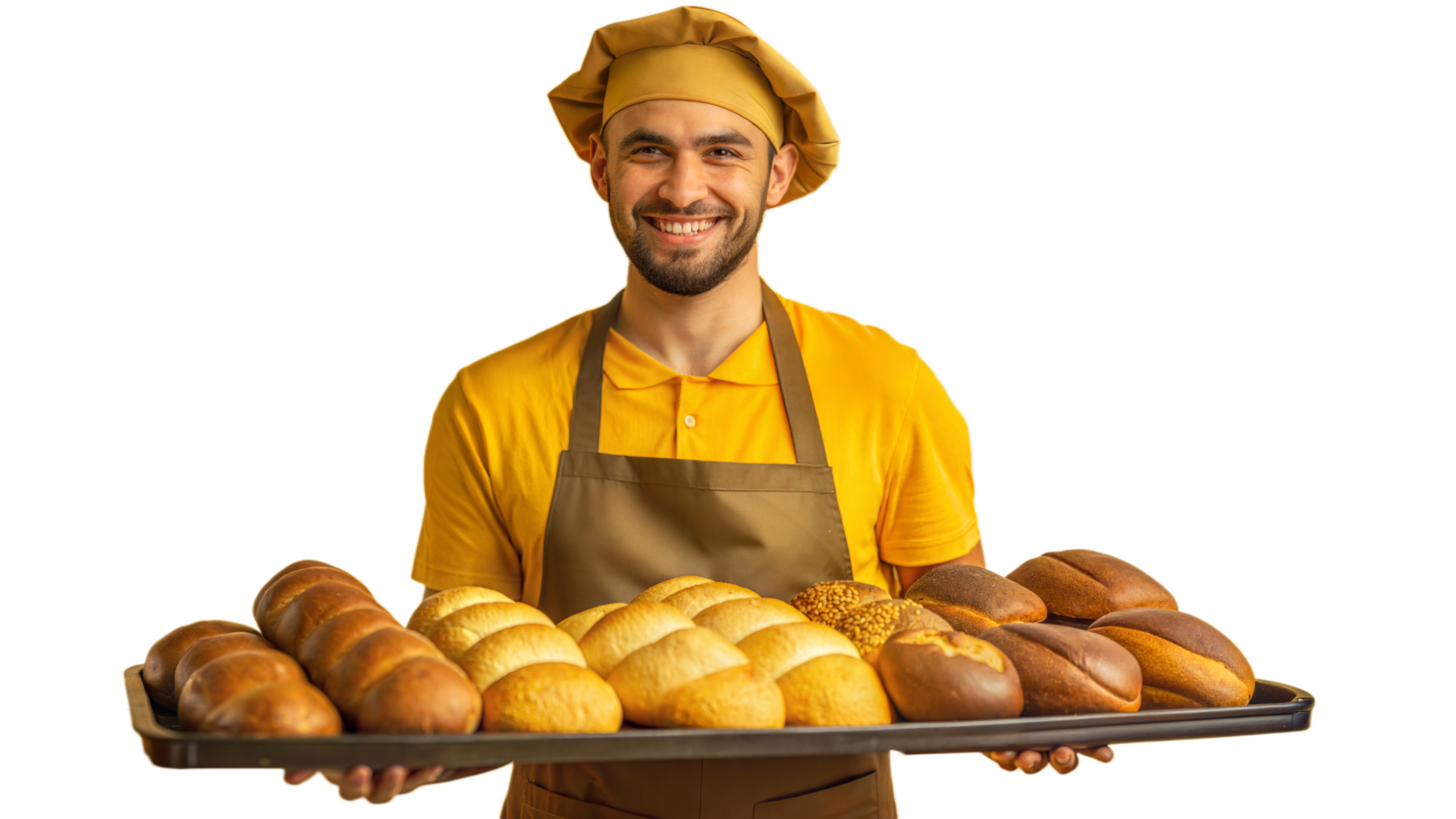 Smiling Baker Holding Tray of Freshly Baked Bread 47726525 PNG Smiling Baker Holding Tray of Freshly Baked Bread 47726525 PNG