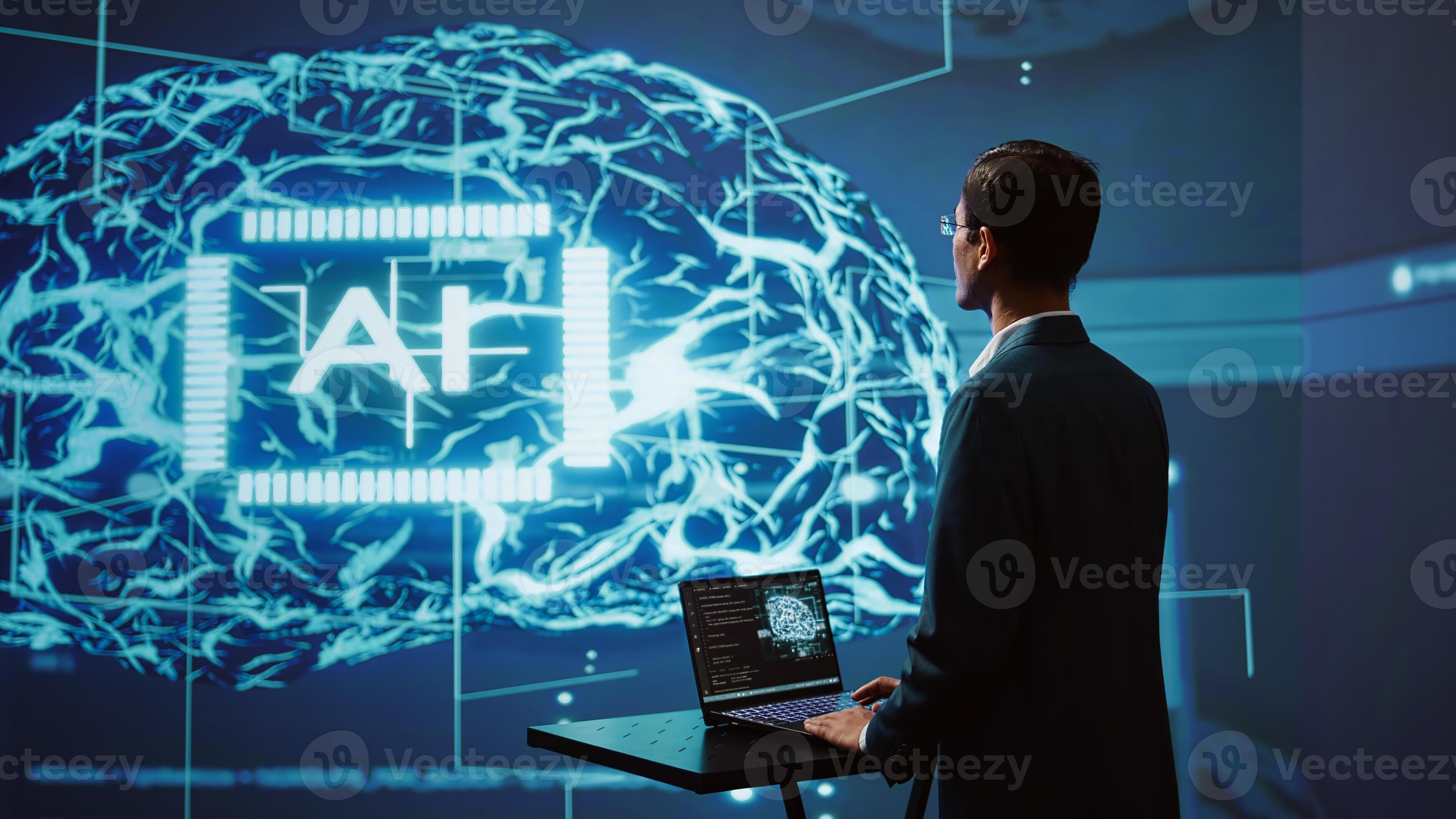 Ai System Administrator Using Laptop Device In High Tech Futuristic Workspace Man Working On