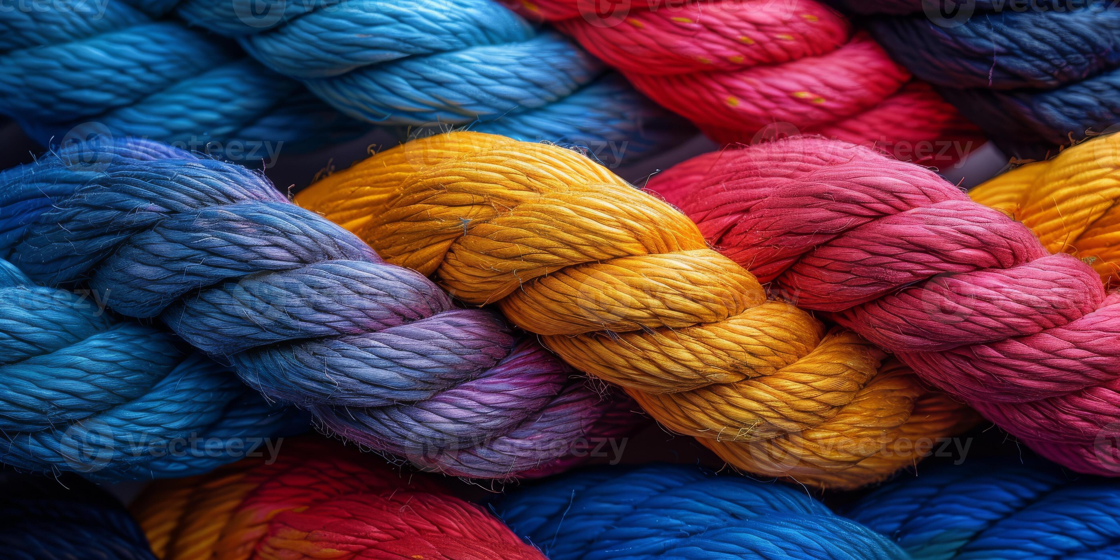 A closeup showing vibrant colored yarn threads woven tightly together in a creative display of ...