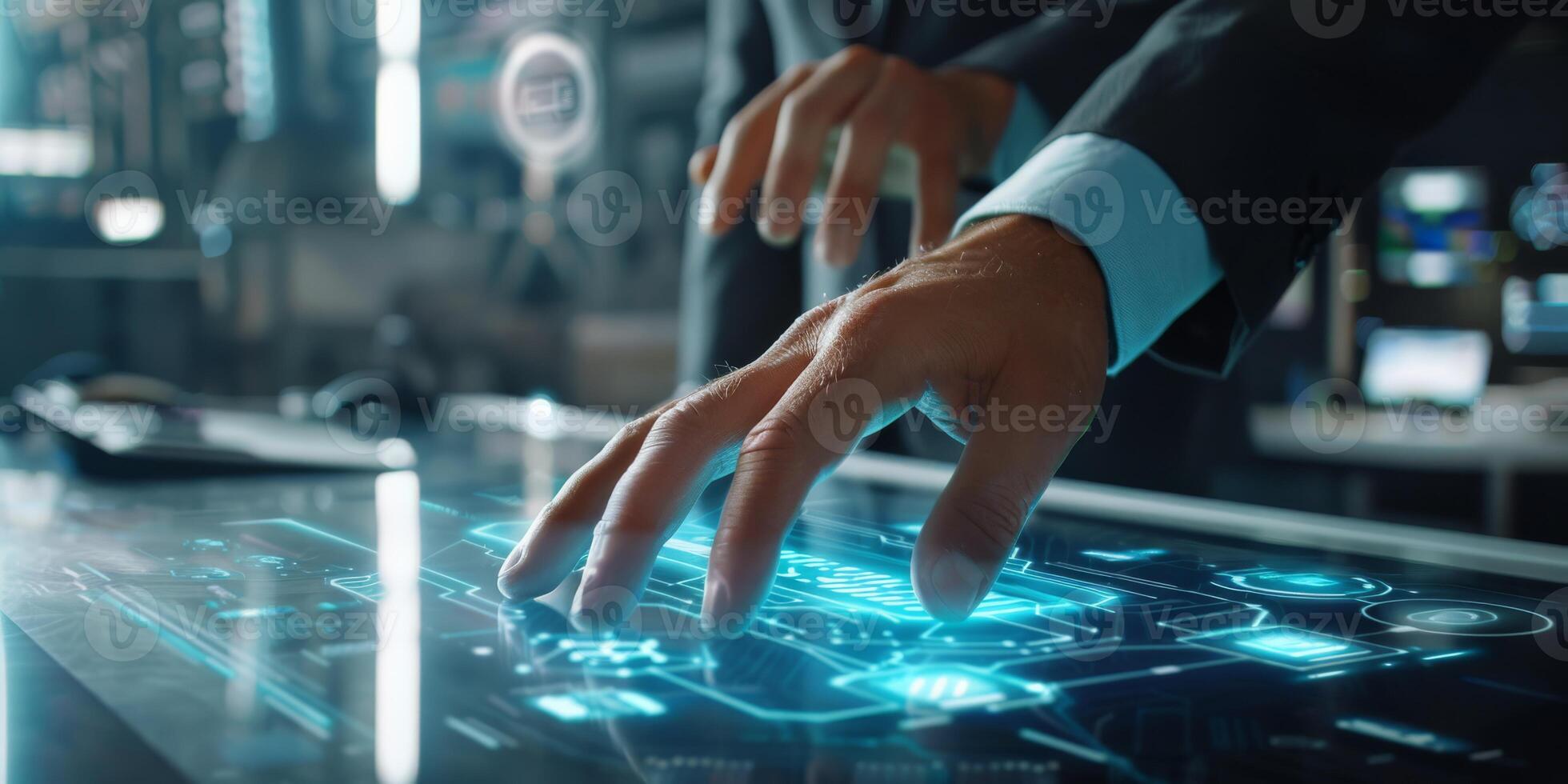 Hands interact with a high-tech touchscreen in an advanced laboratory setting, showcasing ...