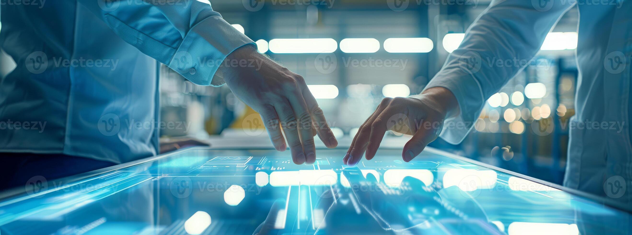 Hands interact with a high-tech touchscreen in an advanced laboratory setting, showcasing ...