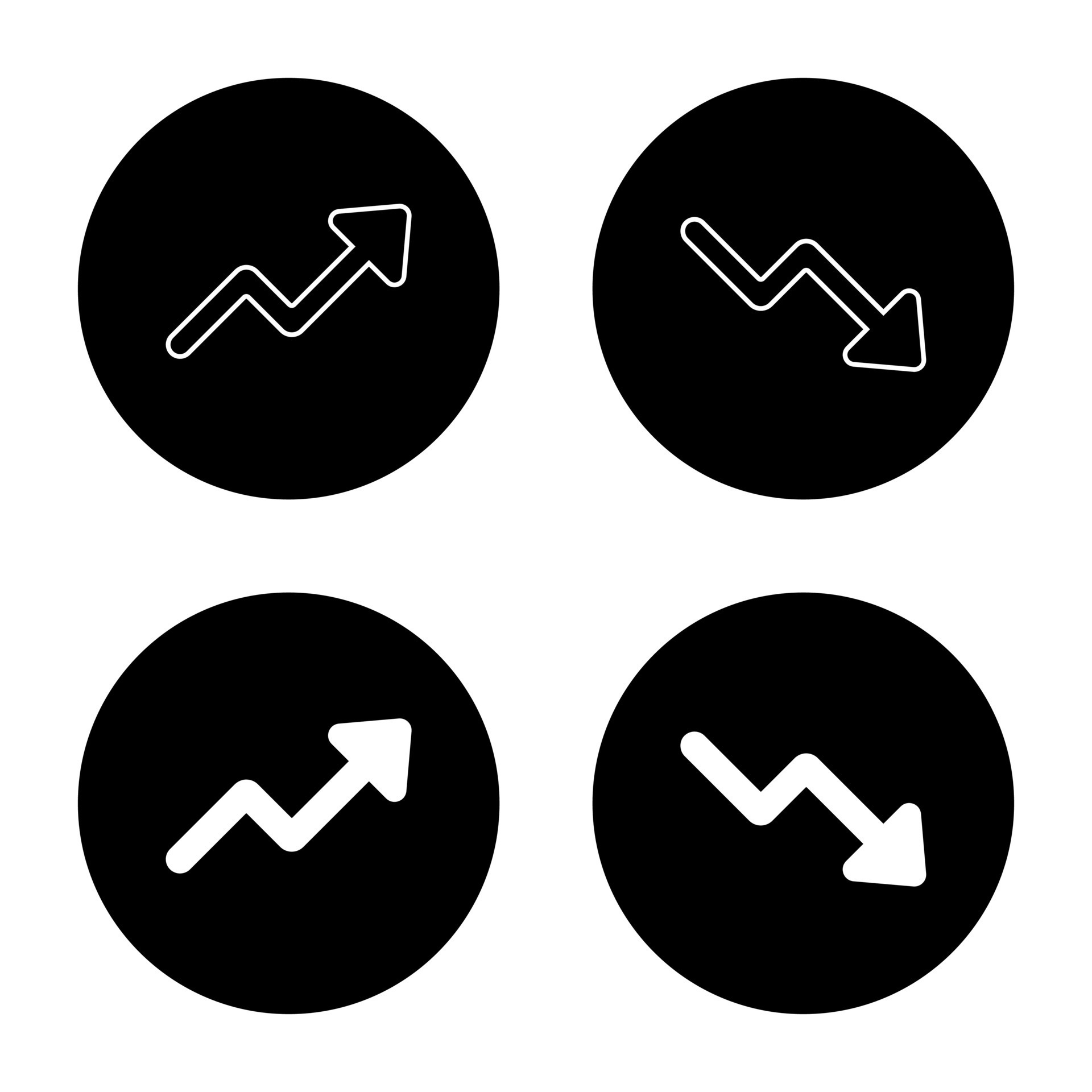 Growth and loss arrow icon on black circle. Increase and decrease sign ...