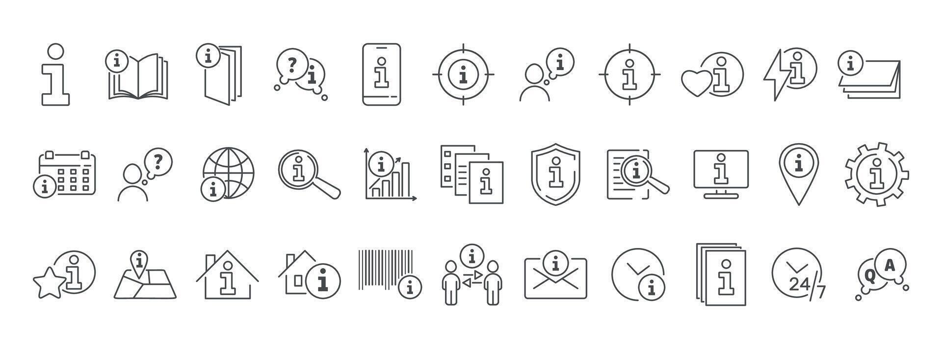 Information center line icon set. Guide, manual, help, hint, answer ...