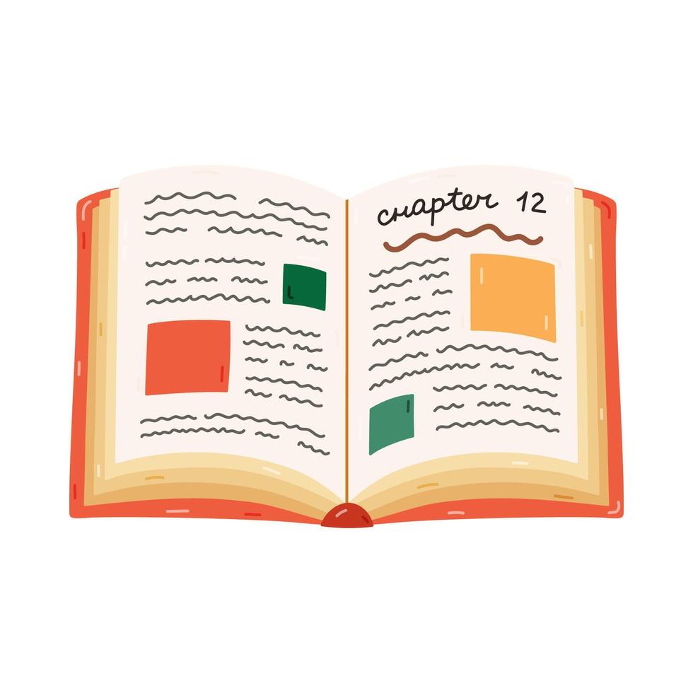 Cartoon open book with chapter and pictures. Cute concept of reading lovers, kids learning and ...