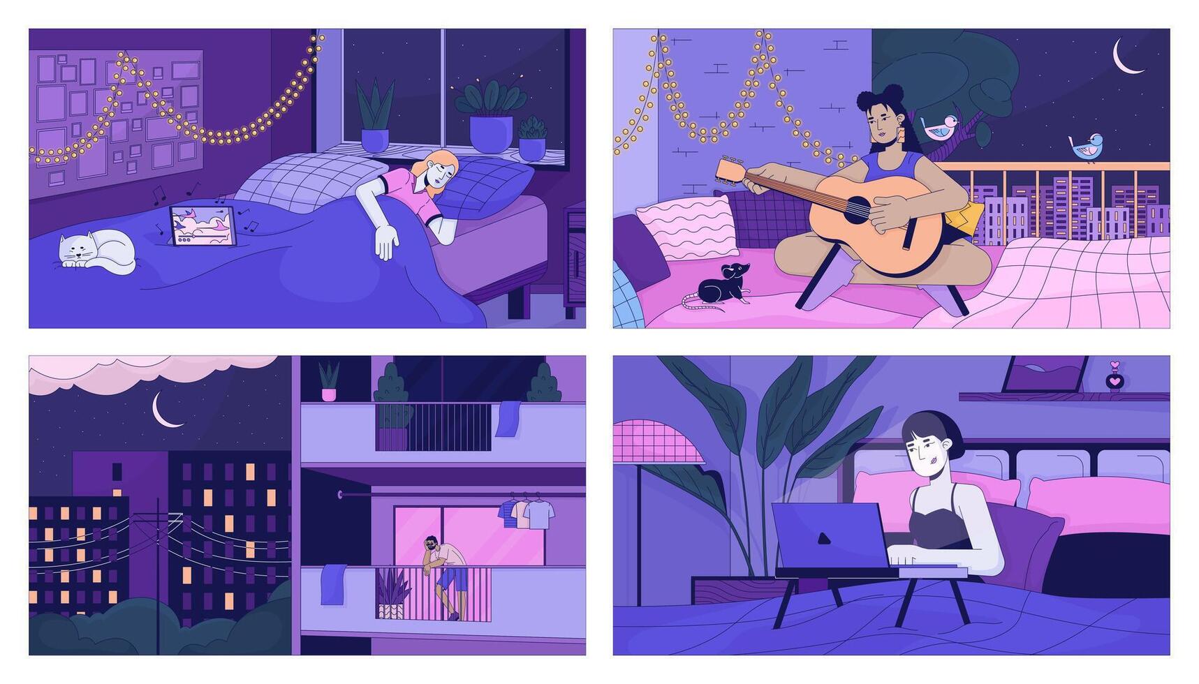 Enjoying time staying at home lofi wallpapers set. Introverts homebody 2D cartoon flat ...