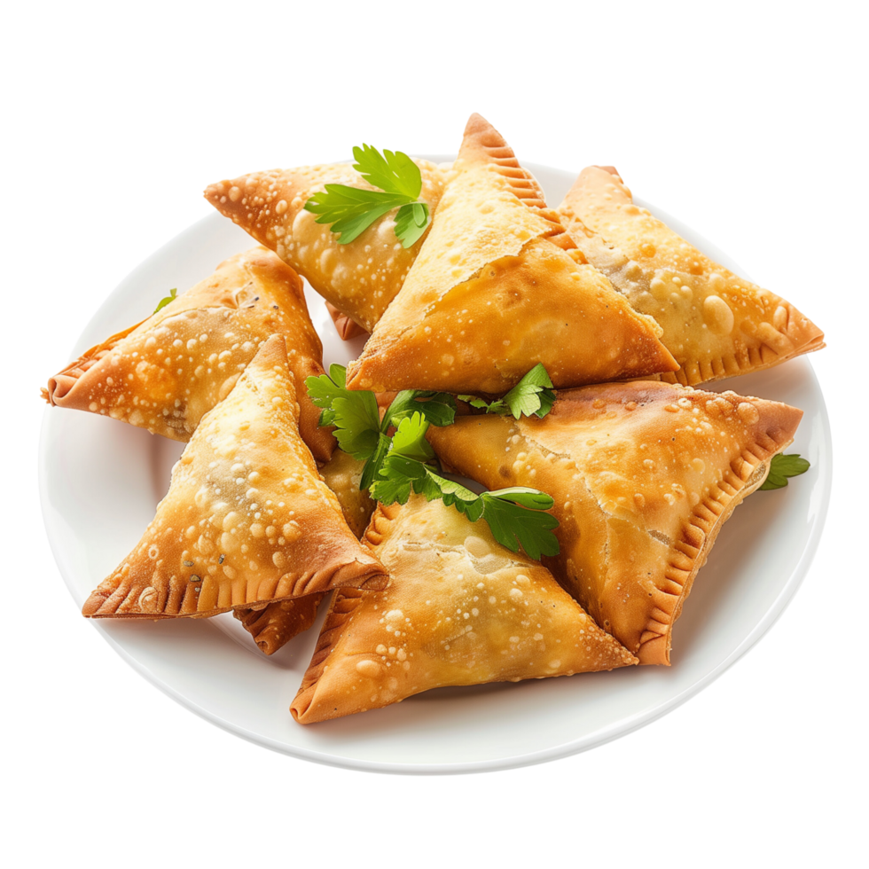 Vegetarian Indian samosas arranged in a plate, isolated on a ...