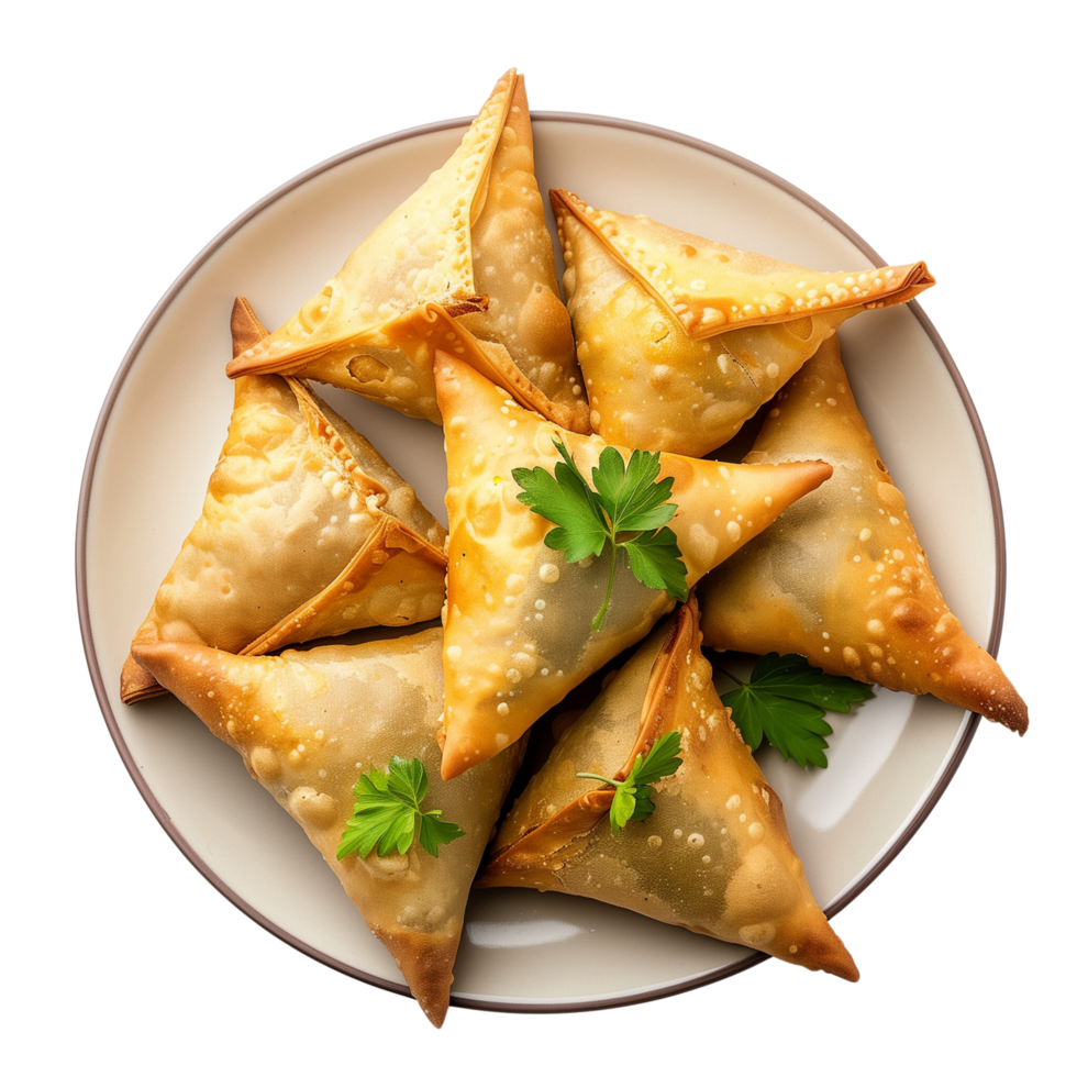 Vegetarian Indian samosas arranged in a plate, isolated on a ...