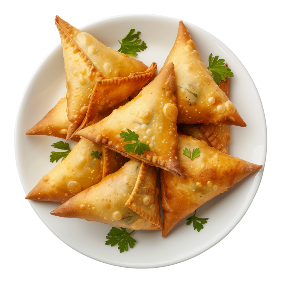 Vegetarian Indian samosas arranged in a plate, isolated on a ...