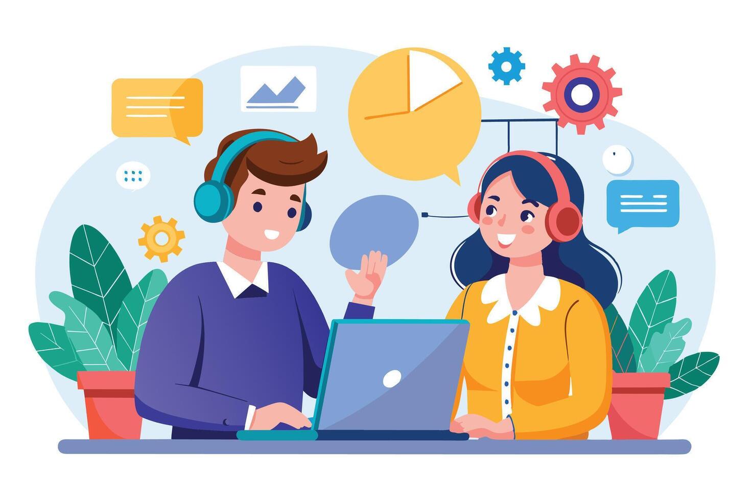 Two cartoon customer service representatives are smiling and talking to each other while using a ...