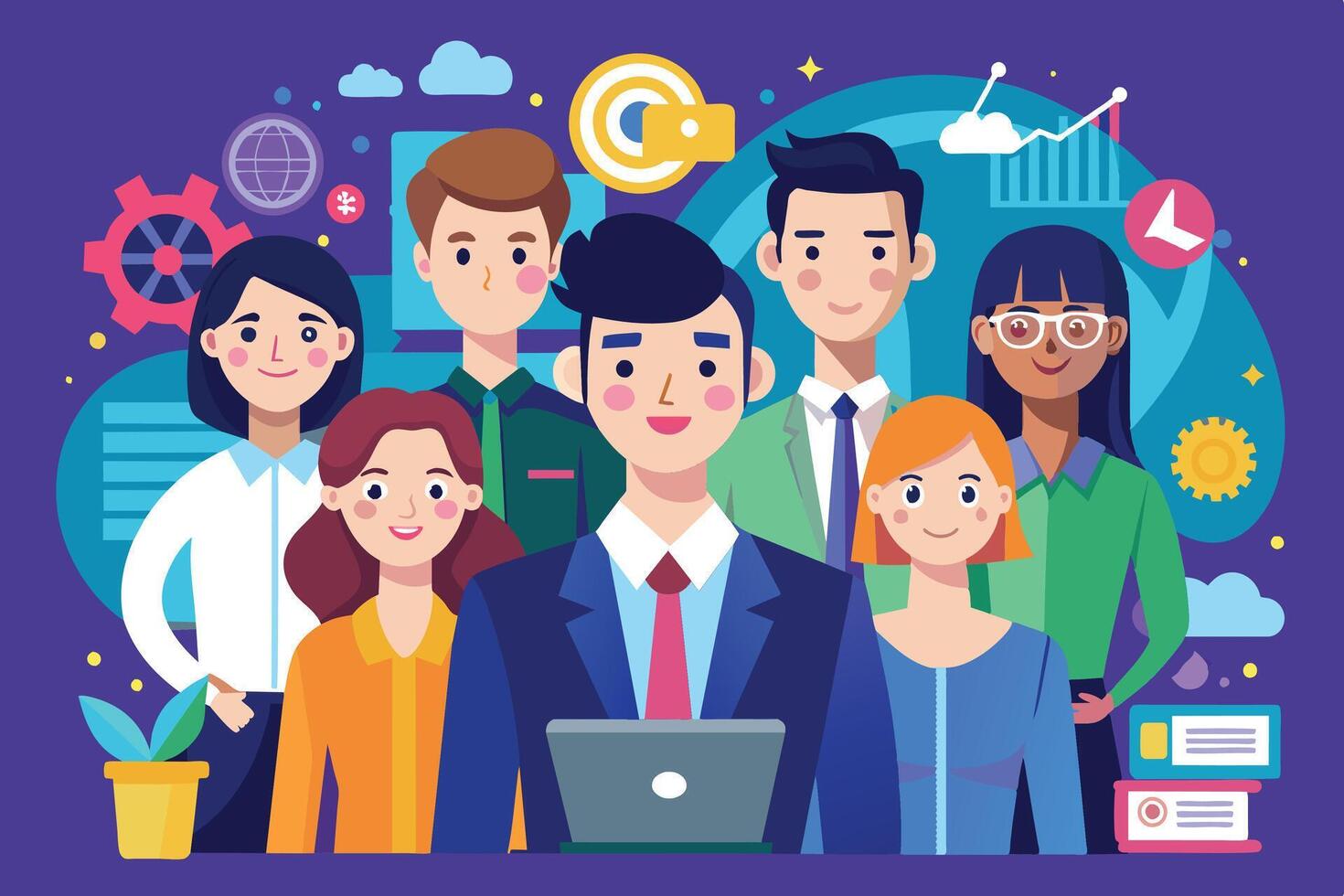 seis profesionales - hombres y mujer - trabajando juntos en un computadora portátil, sonriente y ...