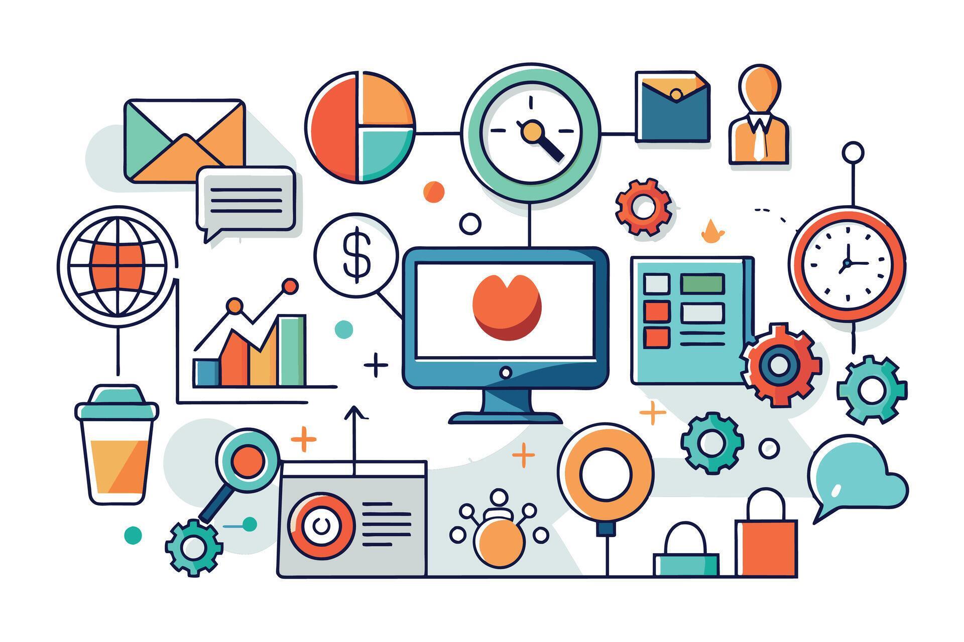 A colorful illustration depicting modern business operations and ...