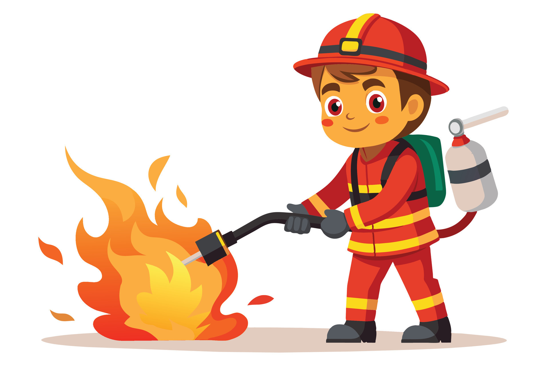 An illustration of a cartoon firefighter character in a red uniform ...