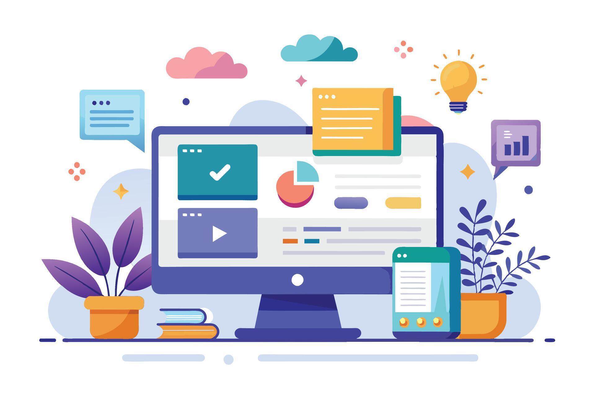 An illustration of a desktop computer and a smartphone displaying data ...