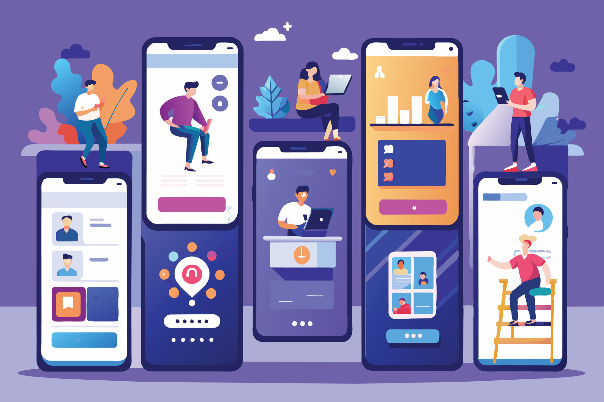 An illustration depicting various people interacting with different ...